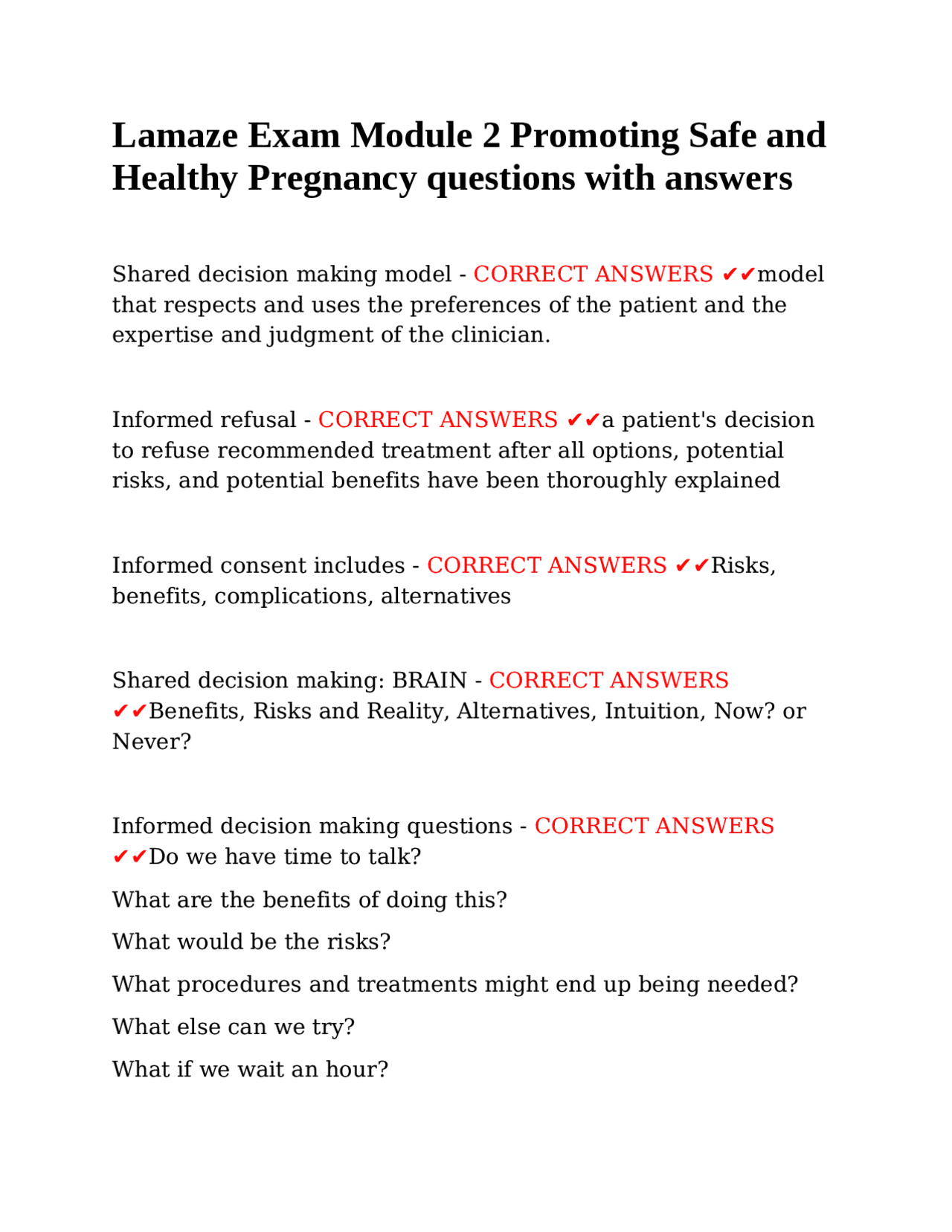 Lamaze Exam Module 2: Promoting Safe and Healthy Pregnancy - Questions ...