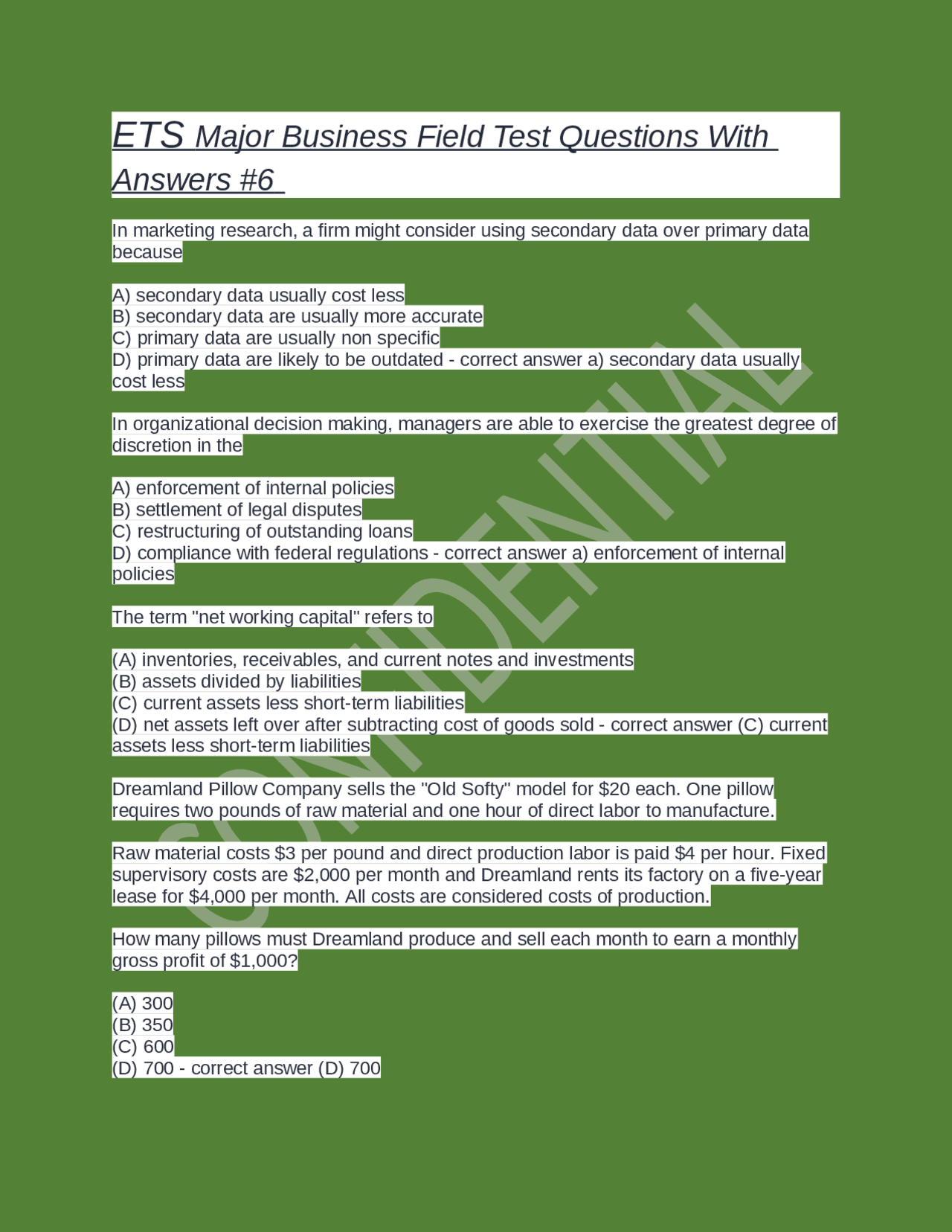 ETS Major Business Field Test Questions With Answers #6 | Exams ...