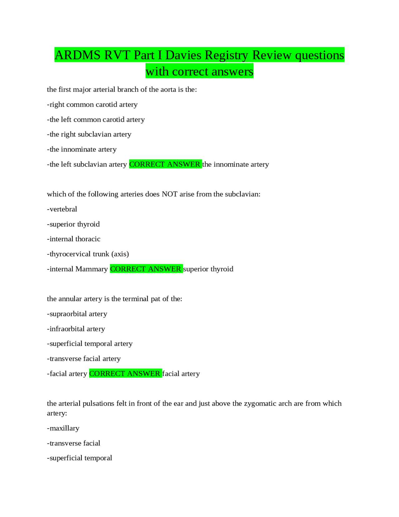 ARDMS RVT Part I Davies Registry Review Questions and Answers | Exams ...