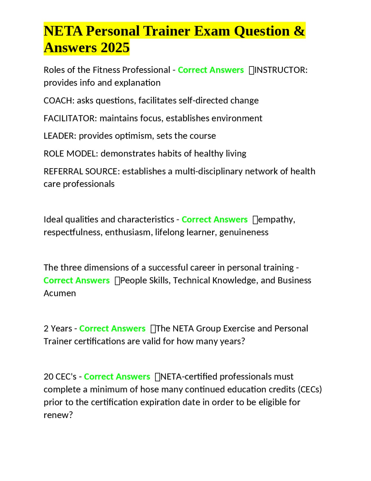 NETA Personal Trainer Exam Question & Answers 2025 | Exams Nursing ...