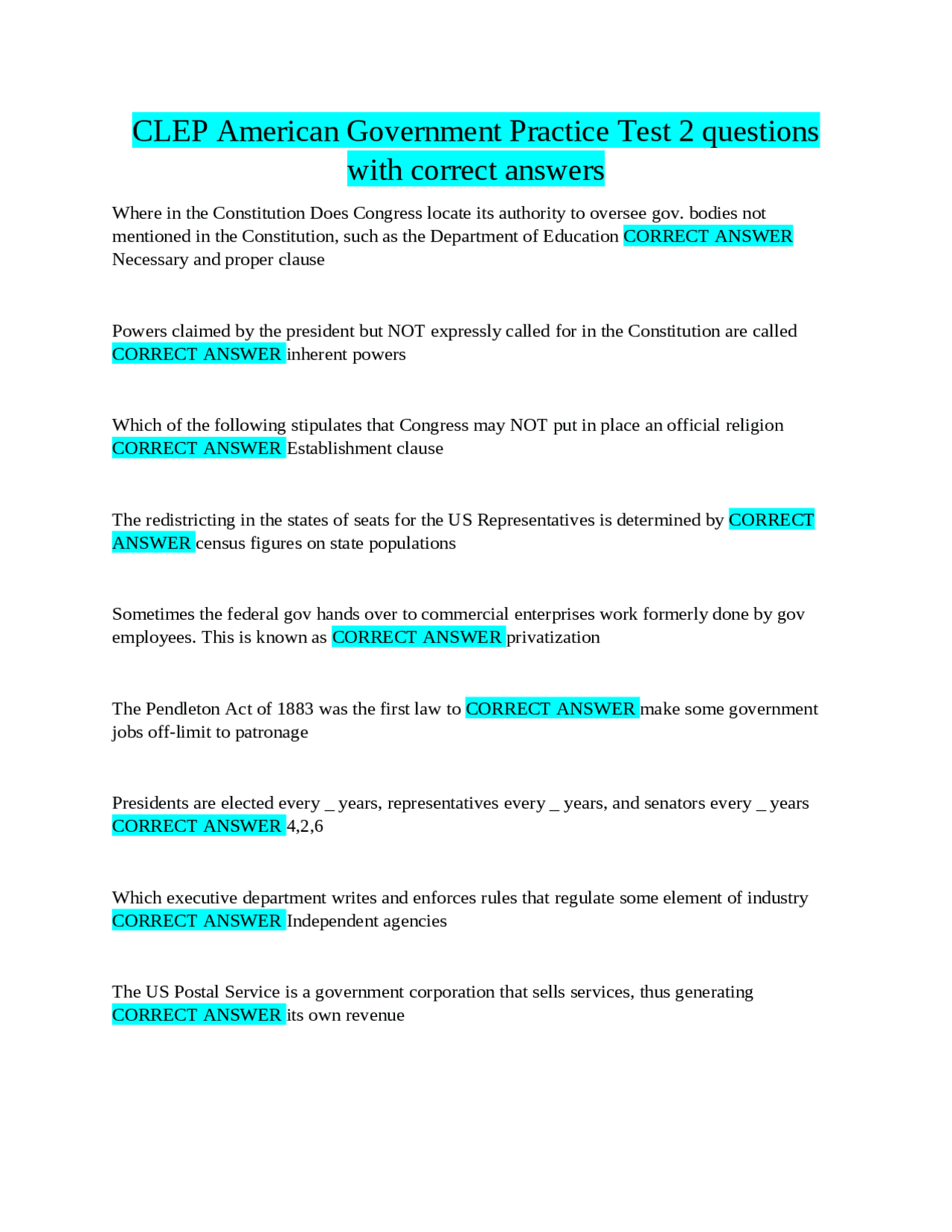 CLEP American Government Practice Test 2: Questions and Answers | Exams ...