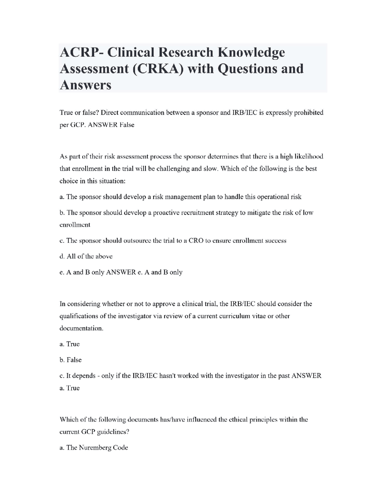 ACRP- Clinical Research Knowledge Assessment (CRKA) with Questions and Answers | Exams Health ...