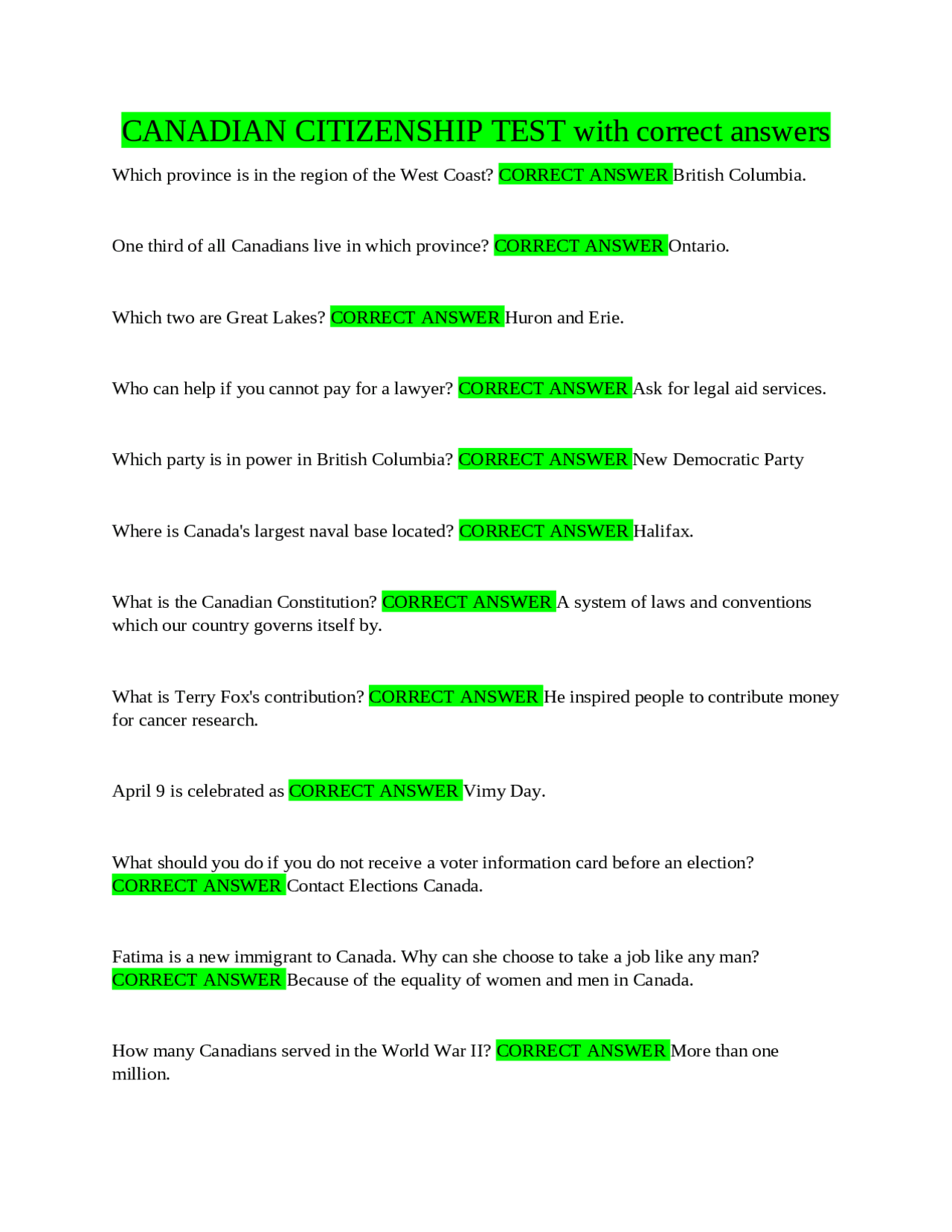 Canadian Citizenship Test: Questions and Answers | Exams Nursing | Docsity