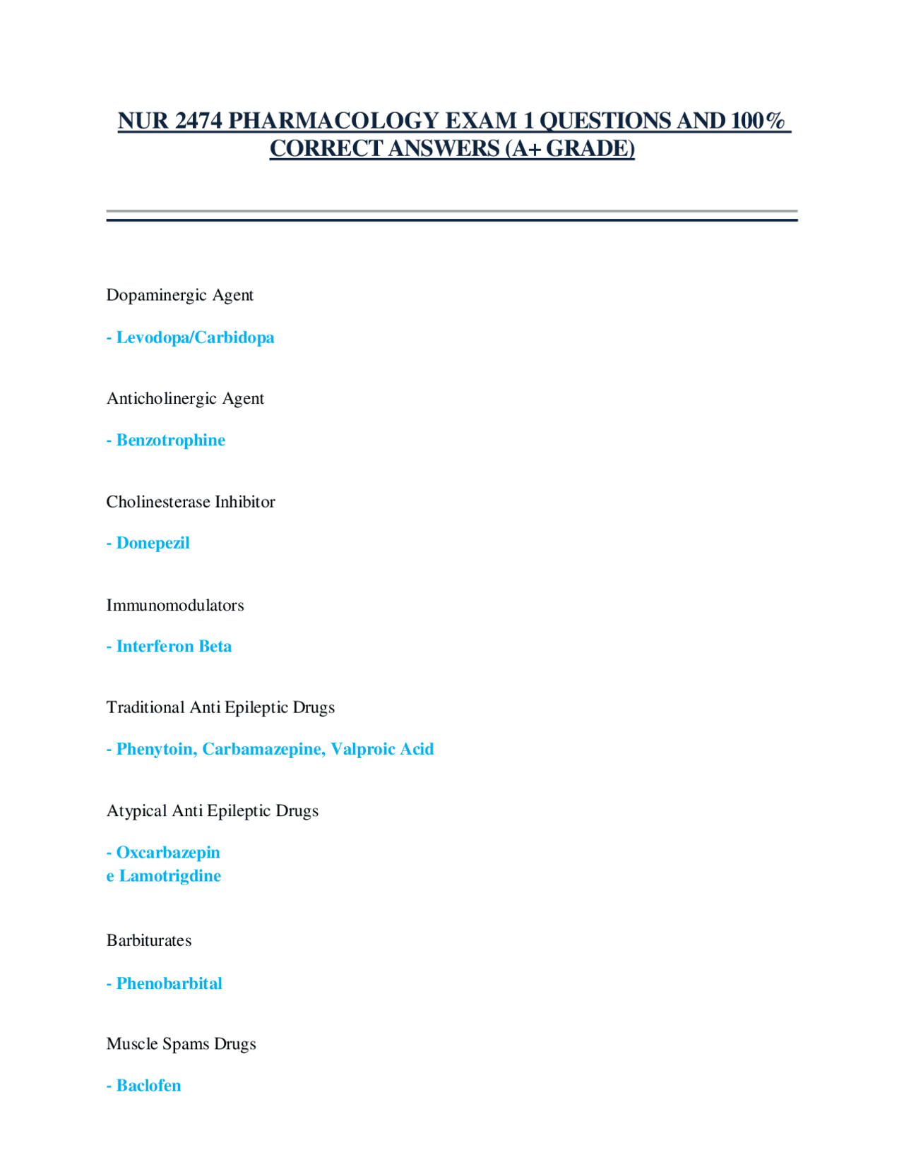 Pharmacology Exam 1: Key Concepts & Medications | Exams Nursing | Docsity