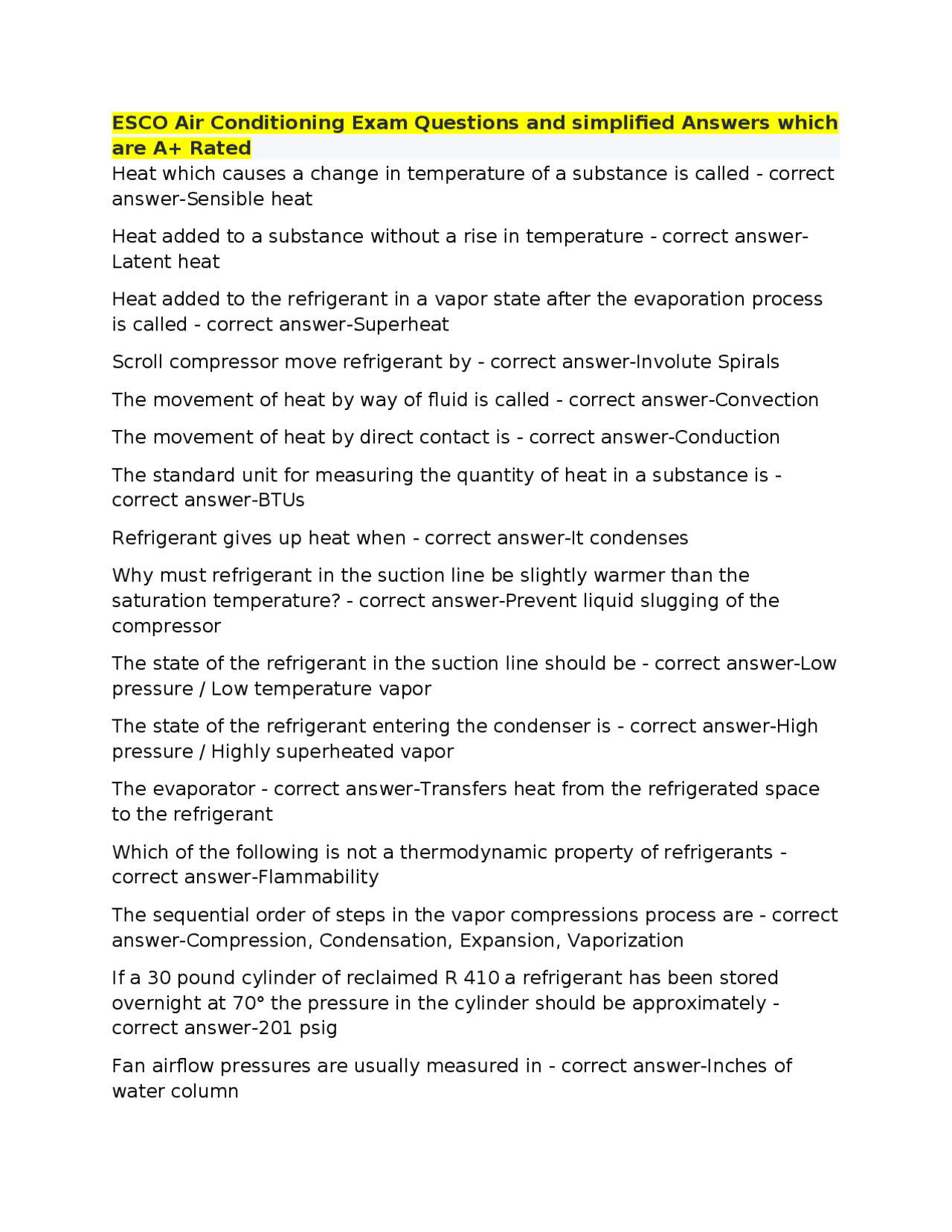 ESCO Air Conditioning Exam Questions and Answers | Exams Refrigeration ...
