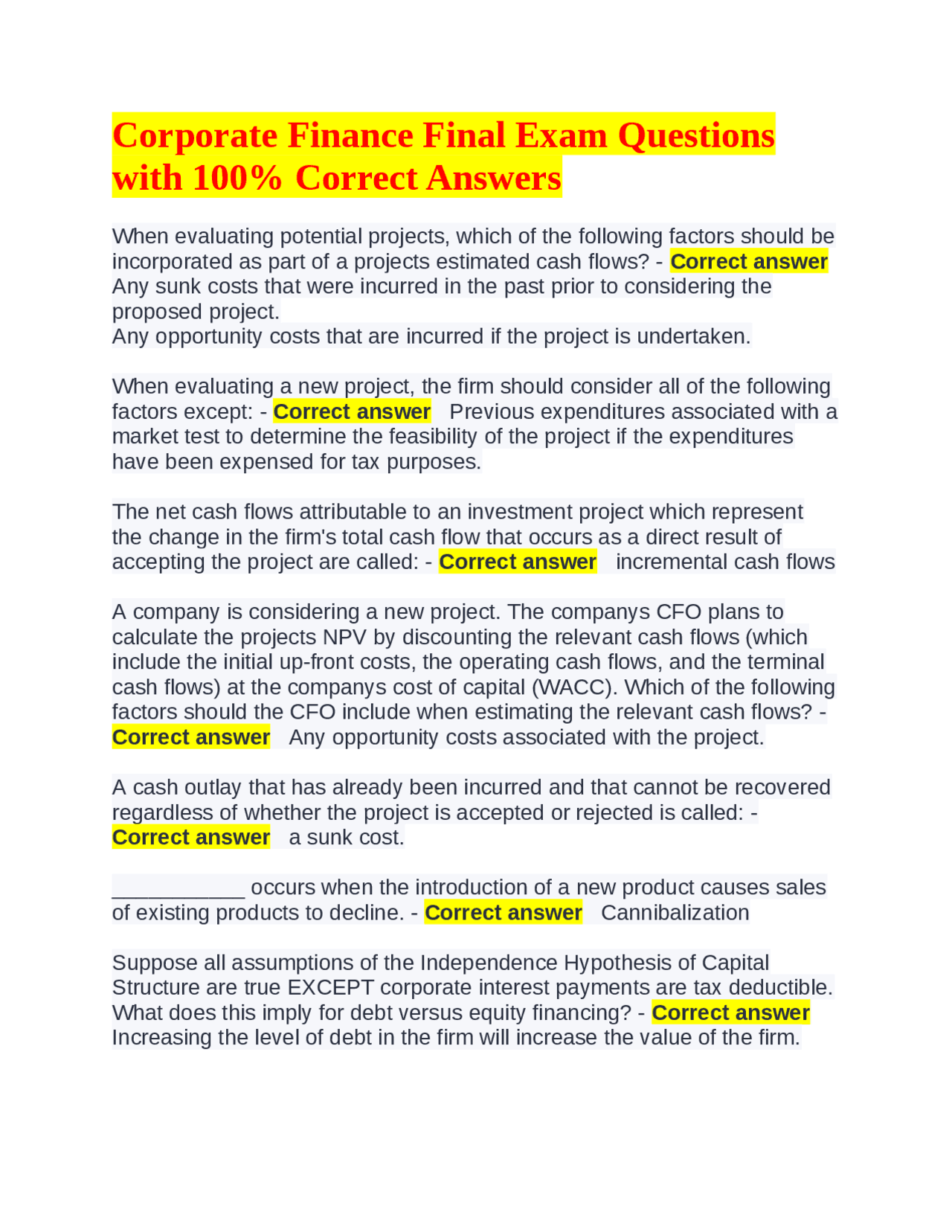 Corporate Finance Final Exam Questions with Answers | Exams Corporate ...