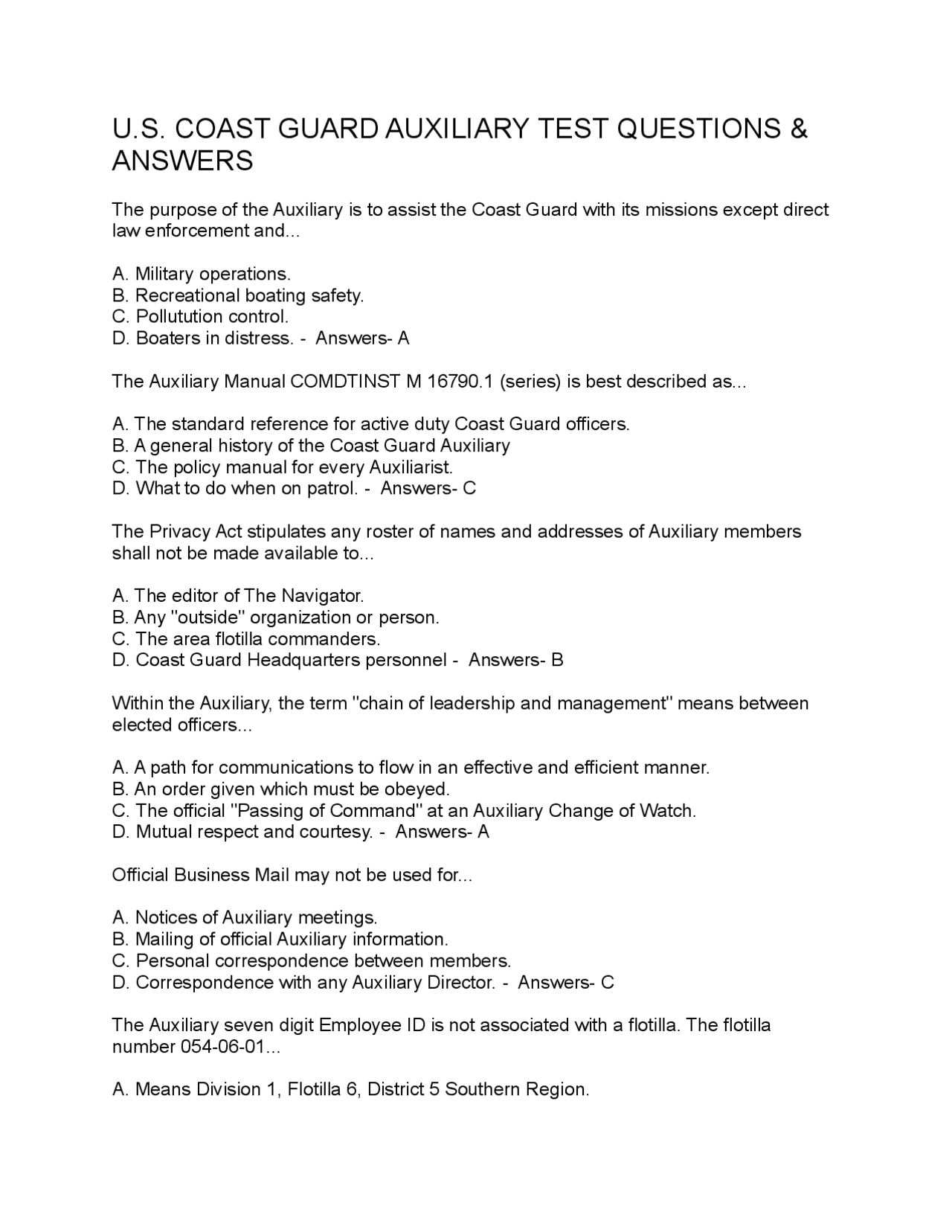 U.S. COAST GUARD AUXILIARY TEST QUESTIONS & ANSWERS | Exams Social ...