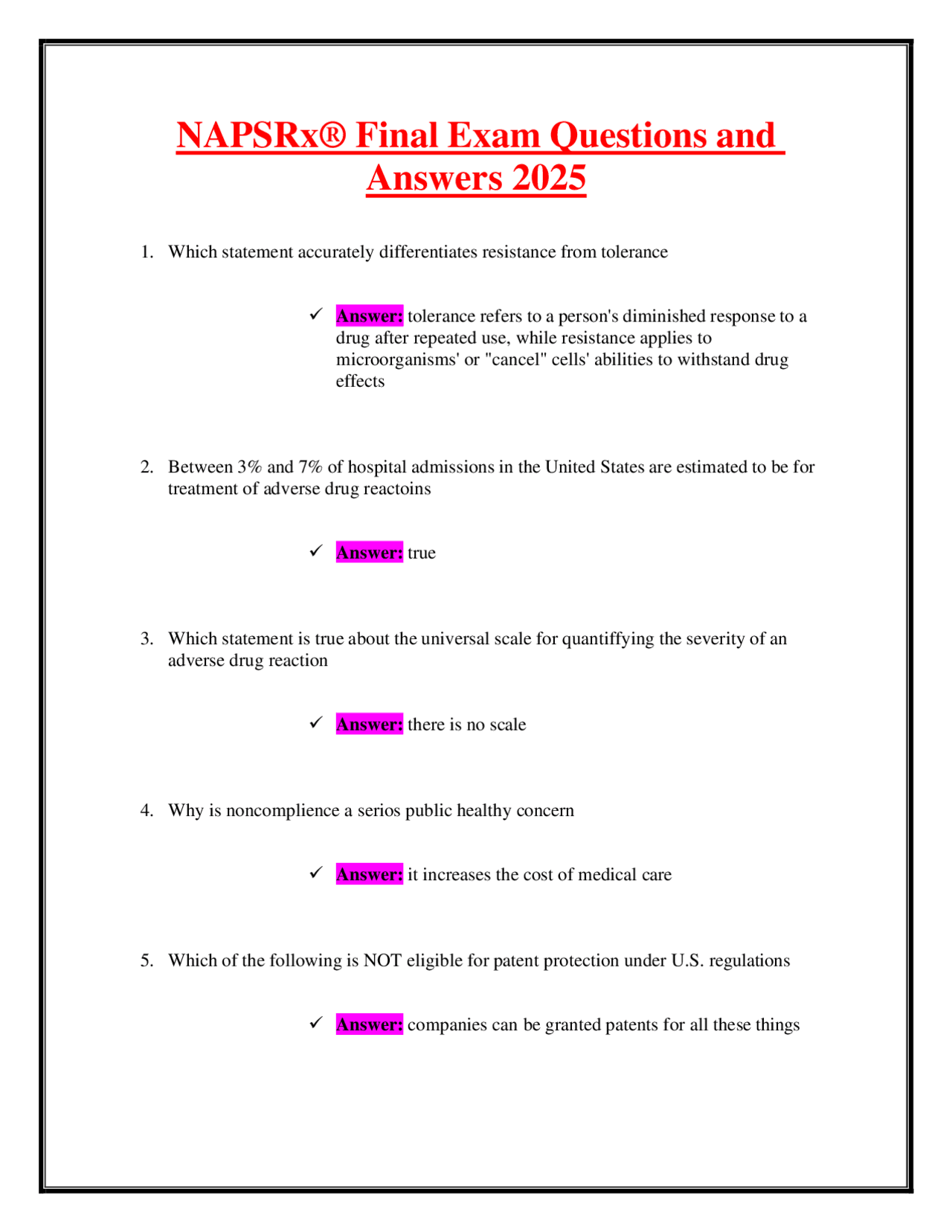 NAPSRx® Final Exam Review: Pharmaceutical Concepts 2025 | Exams Nursing ...
