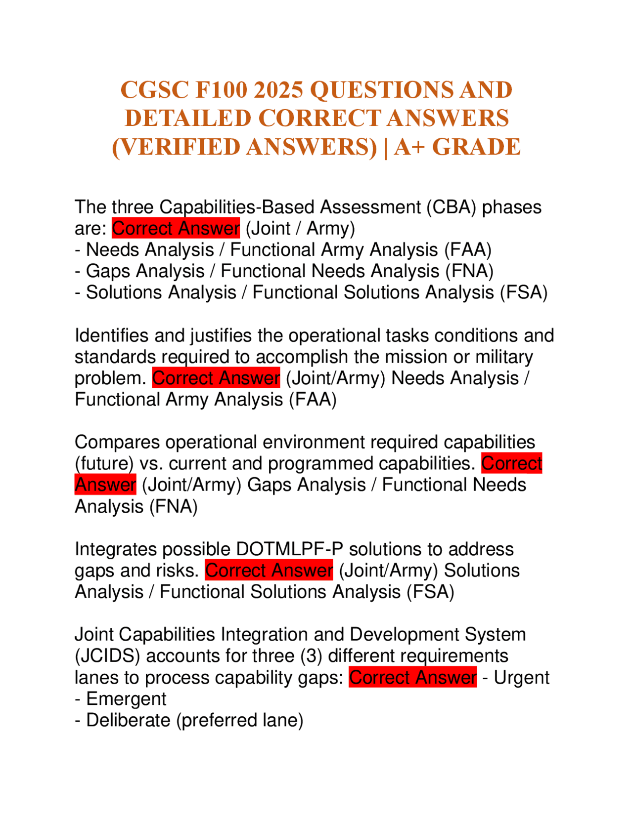 CGSC F100 2025 QUESTIONS AND DETAILED CORRECT ANSWERS (VERIFIED ANSWERS ...