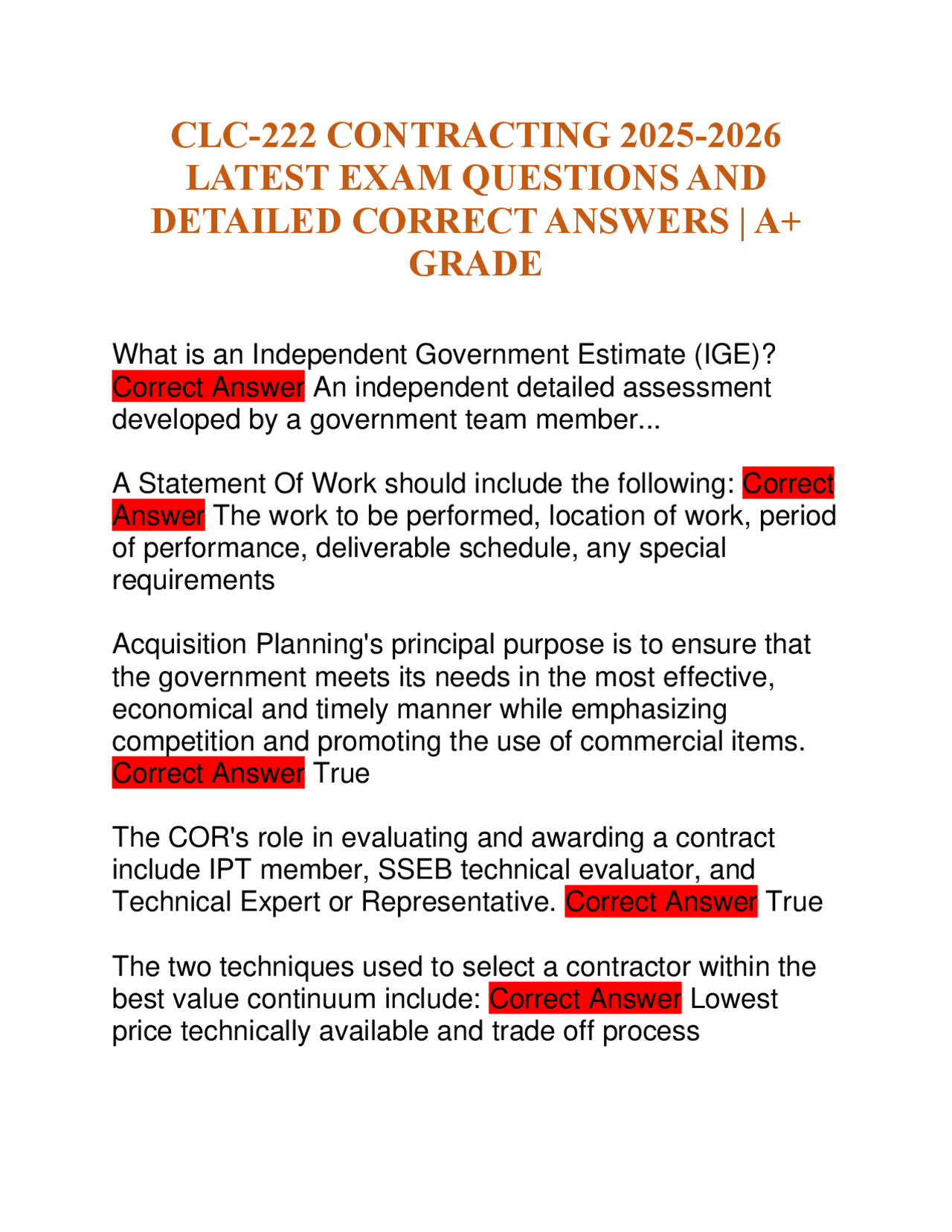 CLC-222 CONTRACTING 2025-2026 LATEST EXAM QUESTIONS AND DETAILED ...