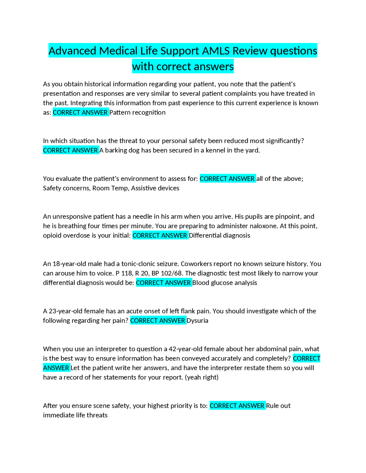 Advanced Medical Life Support (AMLS) Review Questions with Correct ...