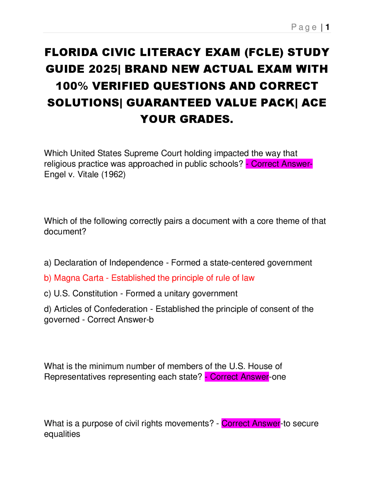 Florida Civic Literacy Exam (FCLE) Study Guide 2025 | Exams Nursing ...