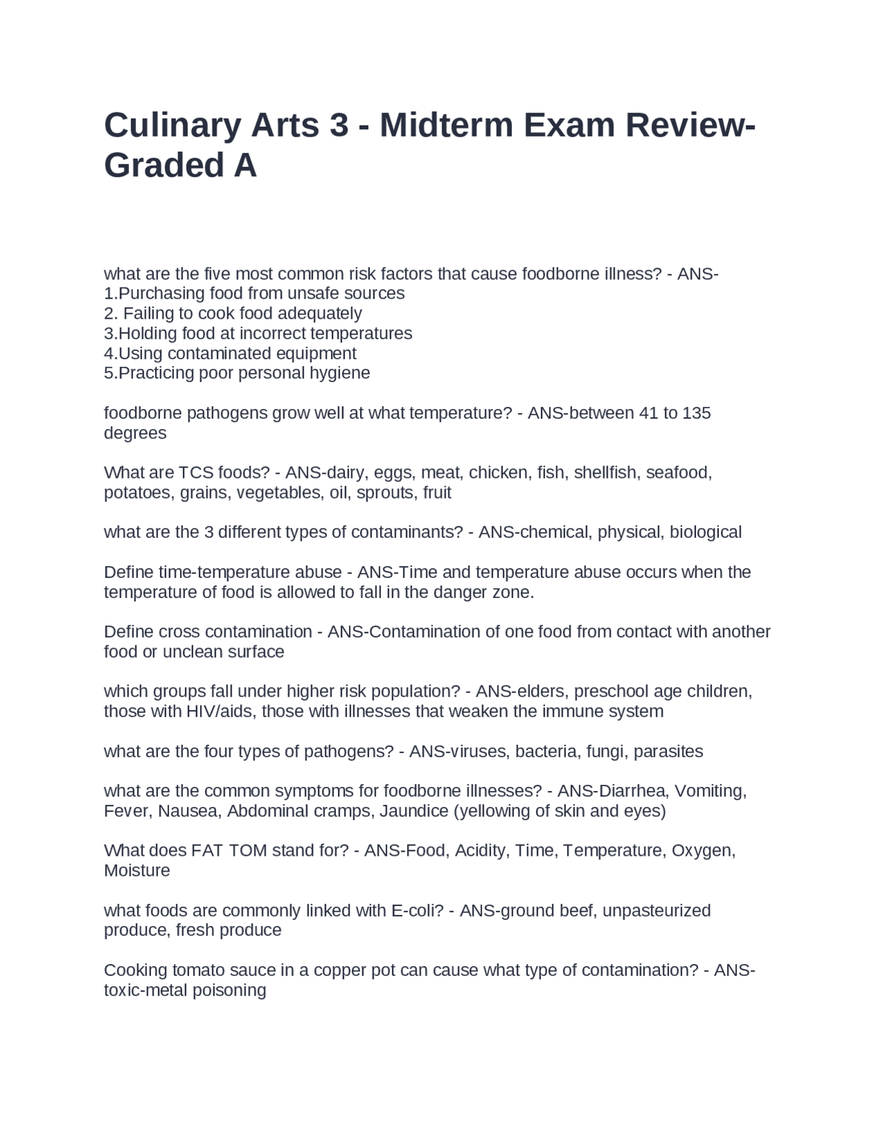 Culinary Arts 3 - Midterm Exam Review: Food Safety and Handling | Exams ...