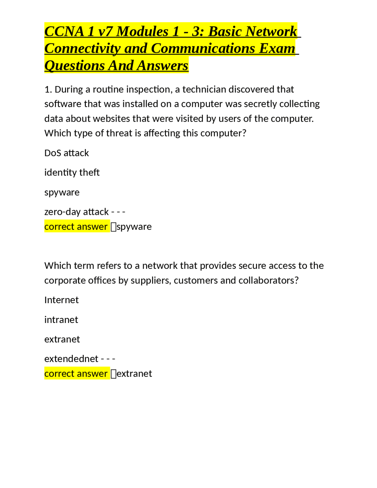 Ccna 1 V7 Modules 1 3 Network Connectivity And Communications Exam Qanda Exams Computer Science