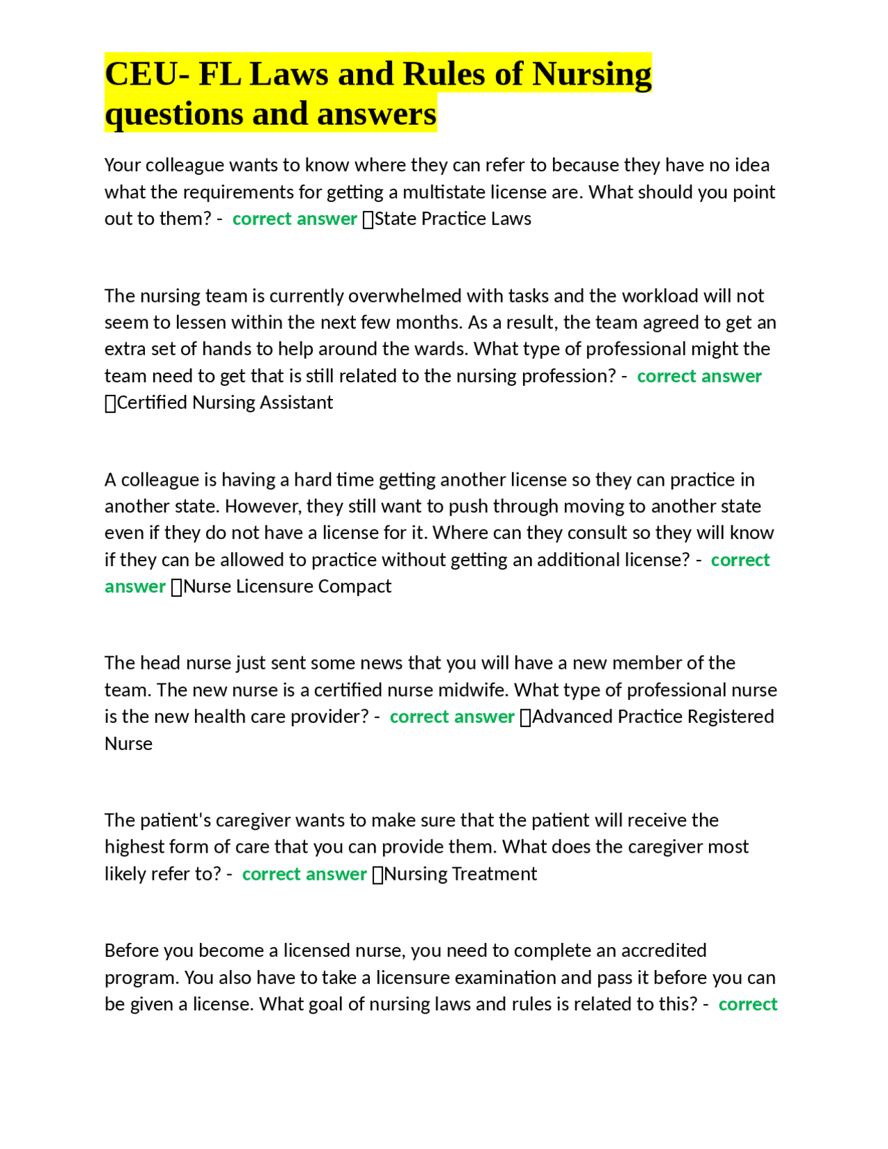 CEU- FL Laws and Rules of Nursing questions and answers | Exams Dental ...