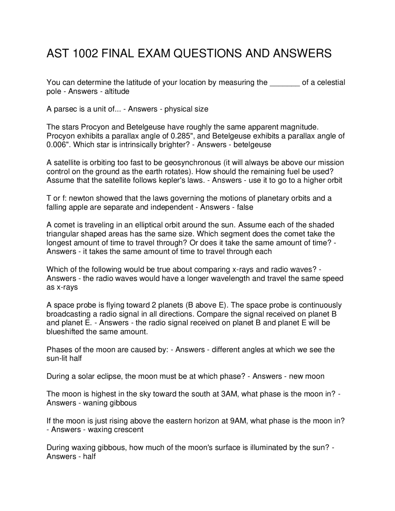 AST 1002 Final Exam Questions and Answers: A Comprehensive Guide to Astronomy Concepts | Exams ...