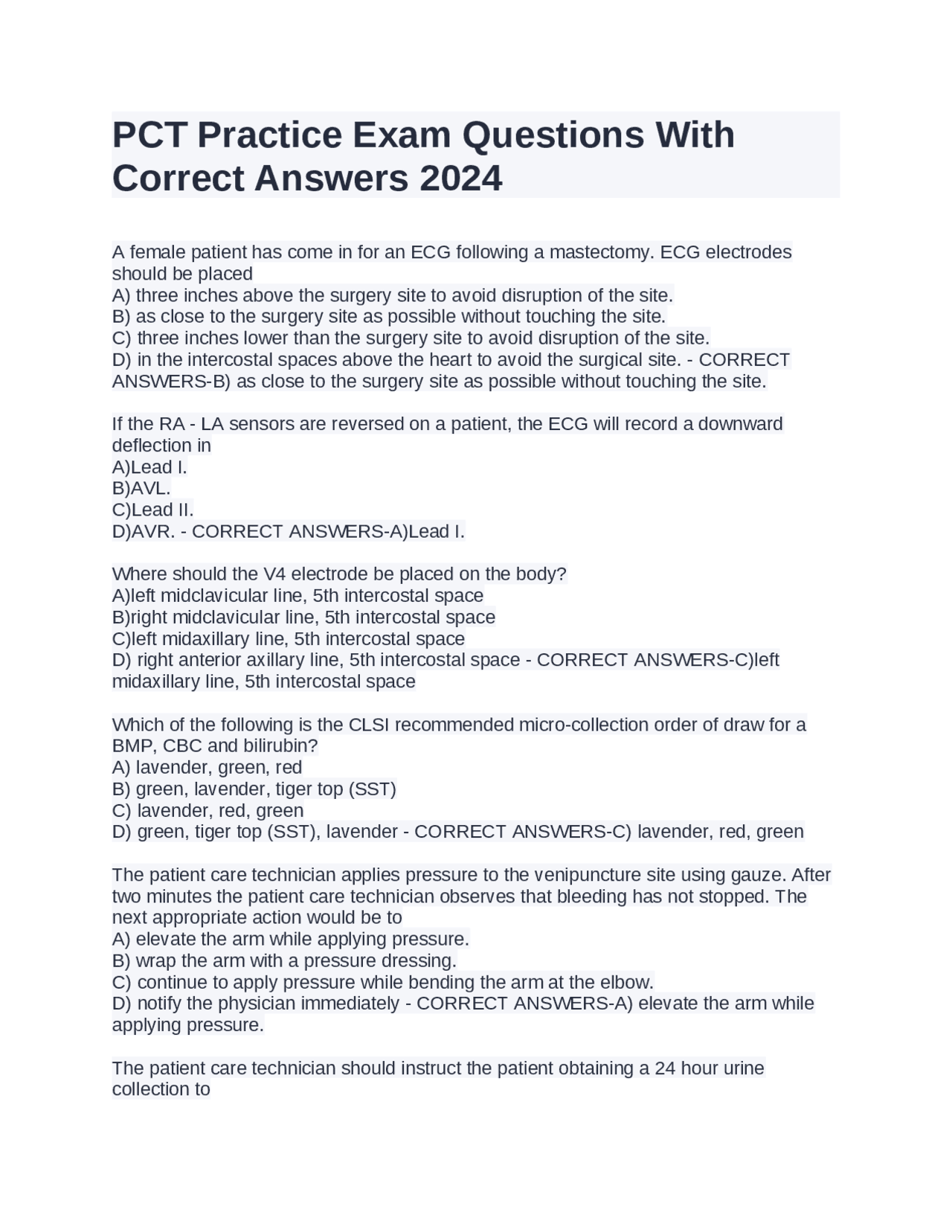 PCT Practice Exam Questions With Correct Answers 2024 | Exams Advanced ...