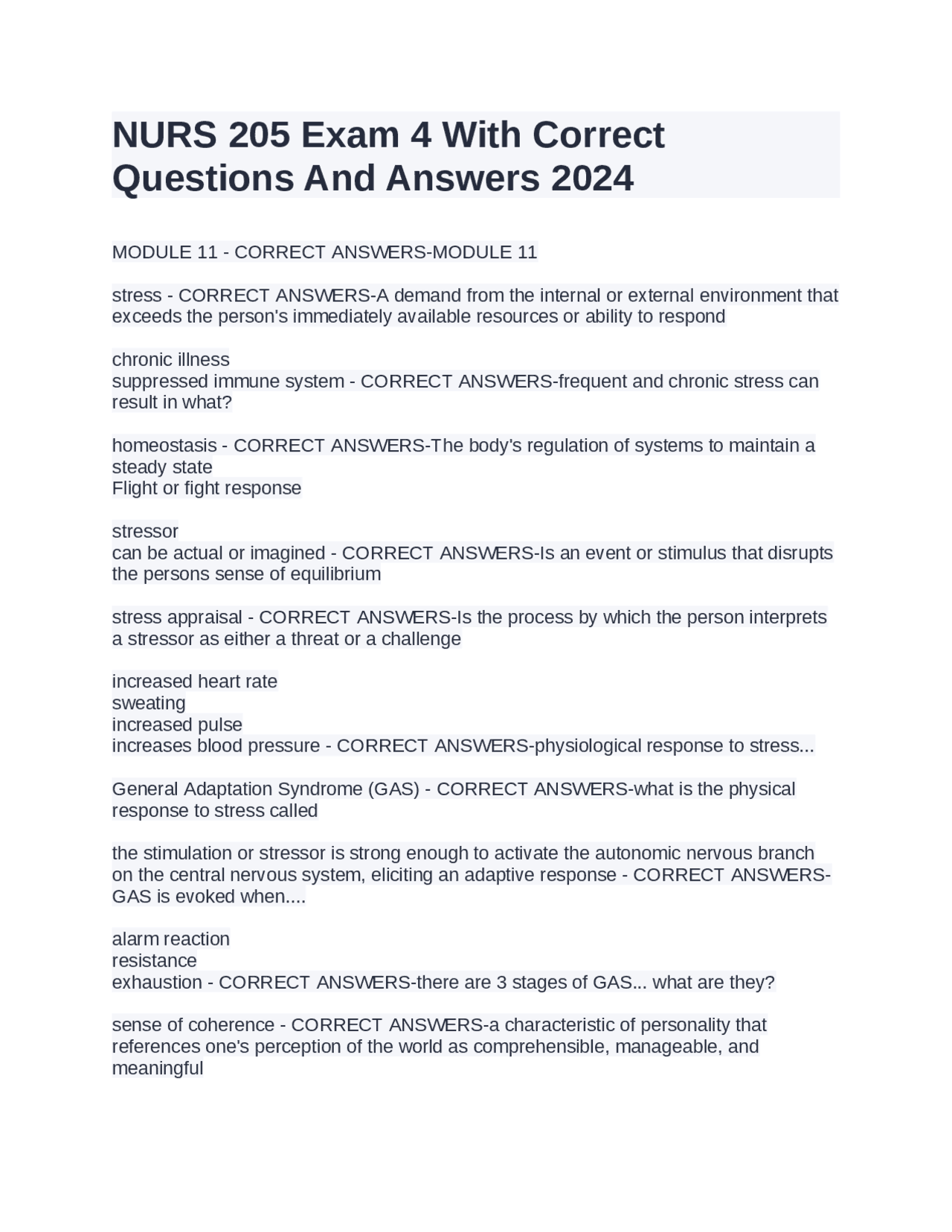 NURS 205 Exam 4: Stress and Coping Mechanisms in Nursing | Exams ...