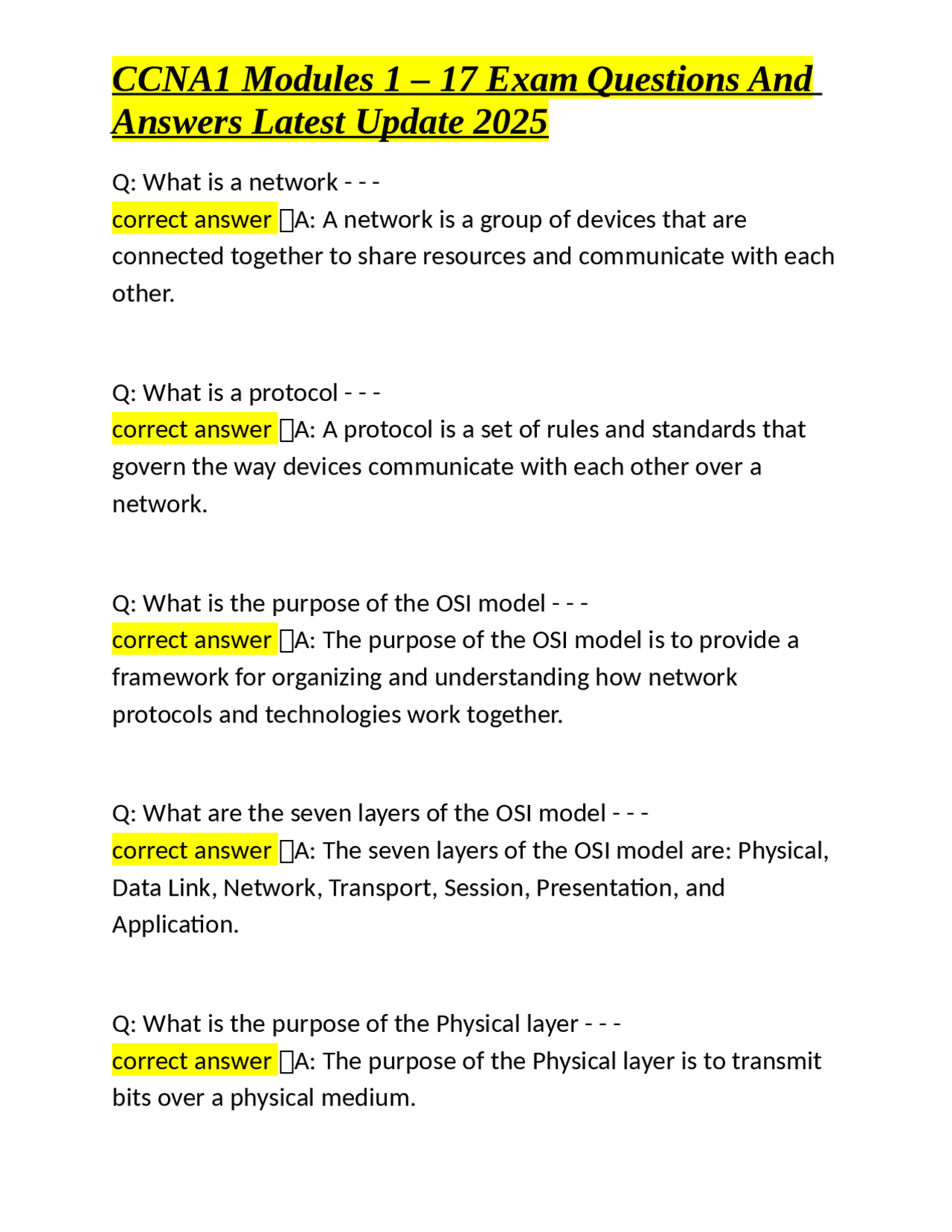 CCNA1 Modules 1 – 17 Exam Questions And Answers Latest Update 2025 ...