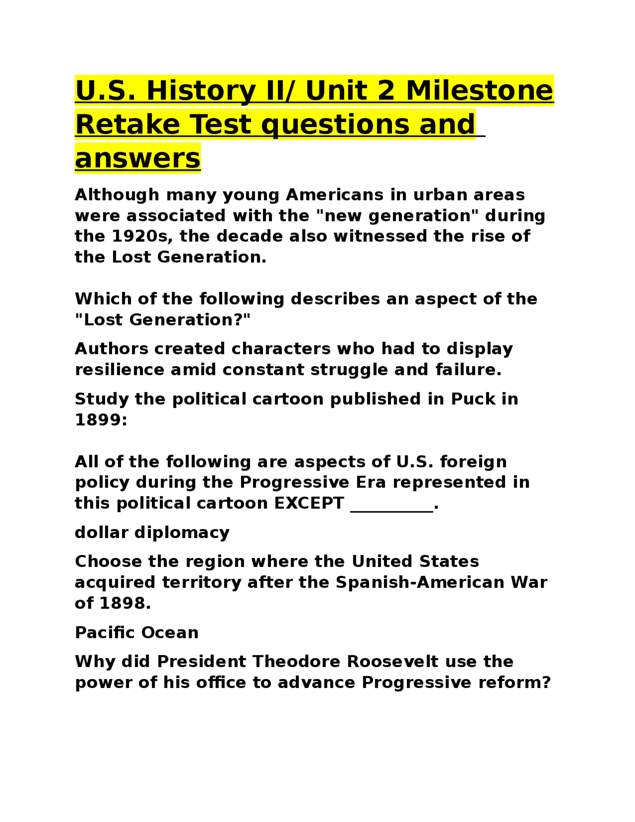 U.S. History II: Unit 2 Milestone Retake Test Questions and Answers ...