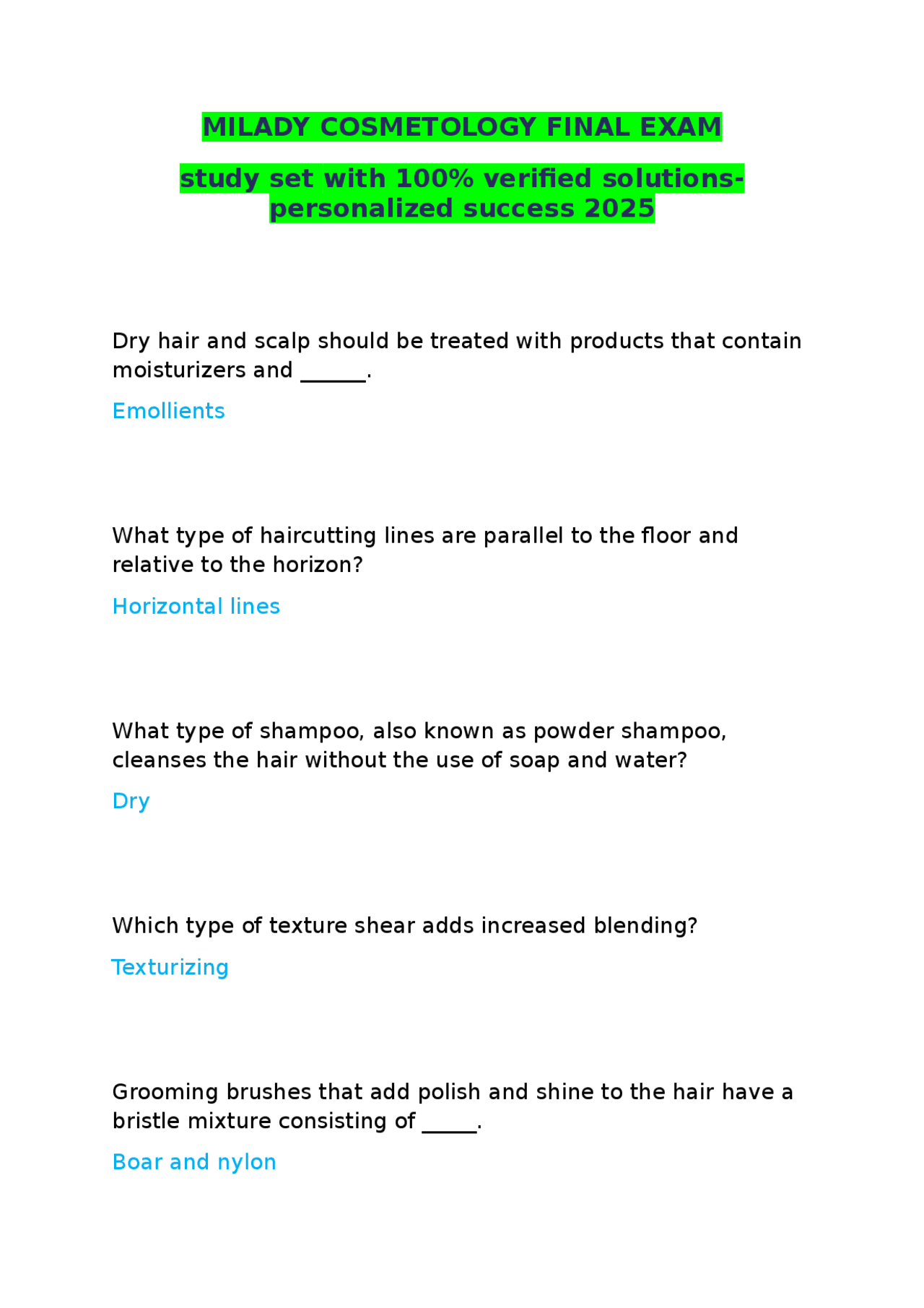 MILADY COSMETOLOGY FINAL EXAM study set with 100% verified solutions ...