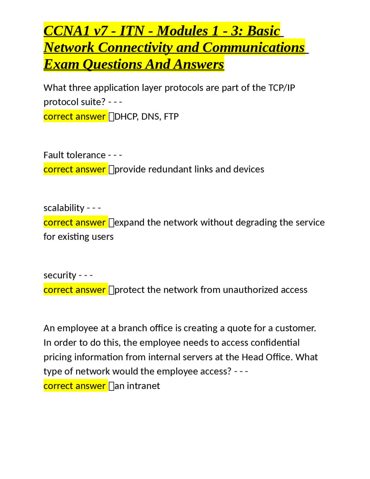 CCNA1 v7 ITN Modules 1-3: Network Connectivity Exam Q&A | Exams Computer Science | Docsity