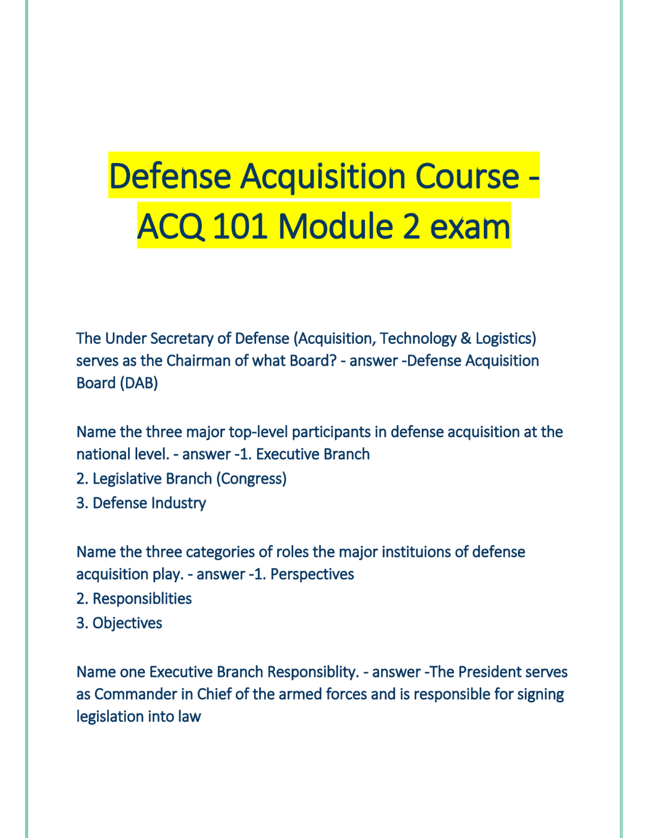 Defense Acquisition Course - ACQ 101 Module 2 Exam: Questions and Answers | Exams Nursing | Docsity