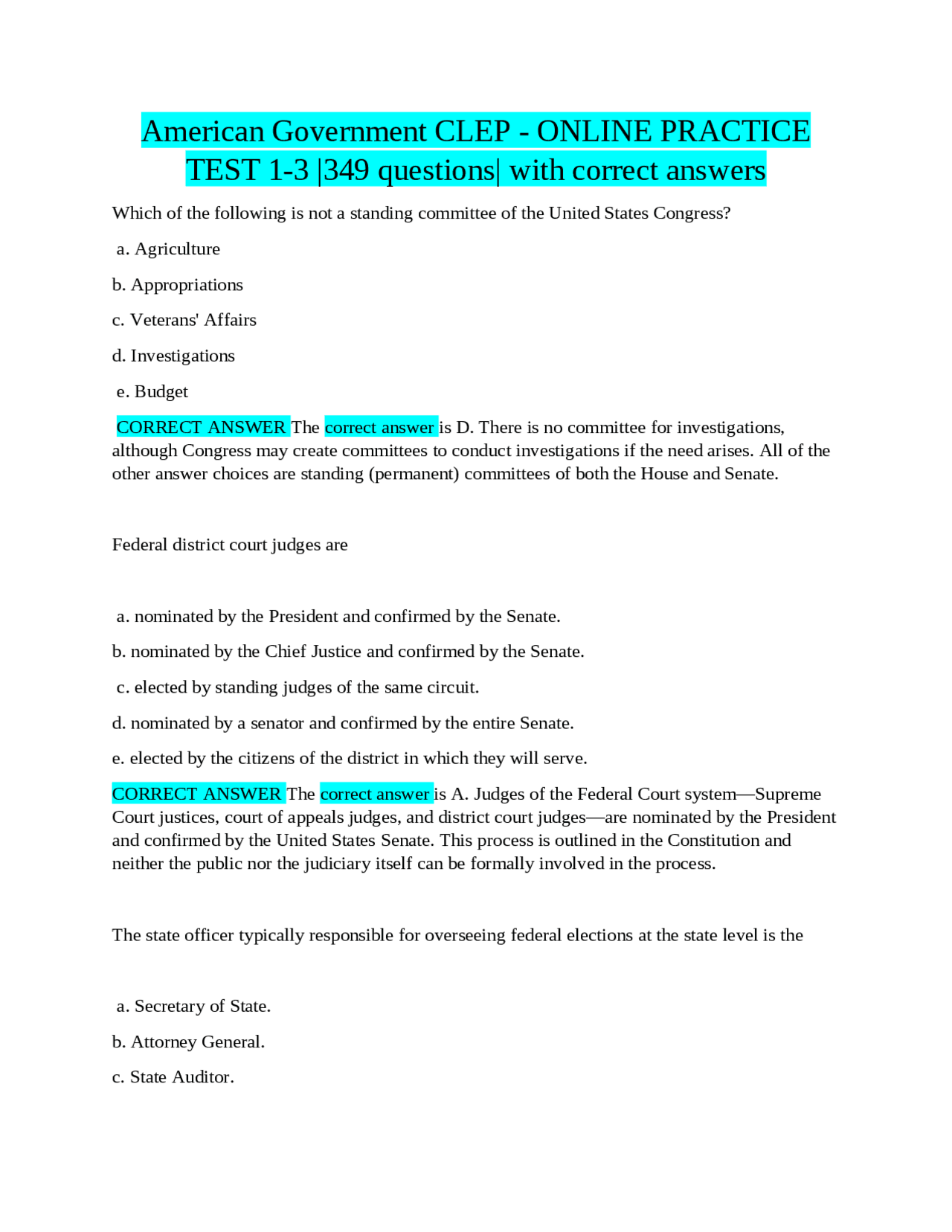 American Government CLEP Practice Test: Multiple Choice Questions and ...