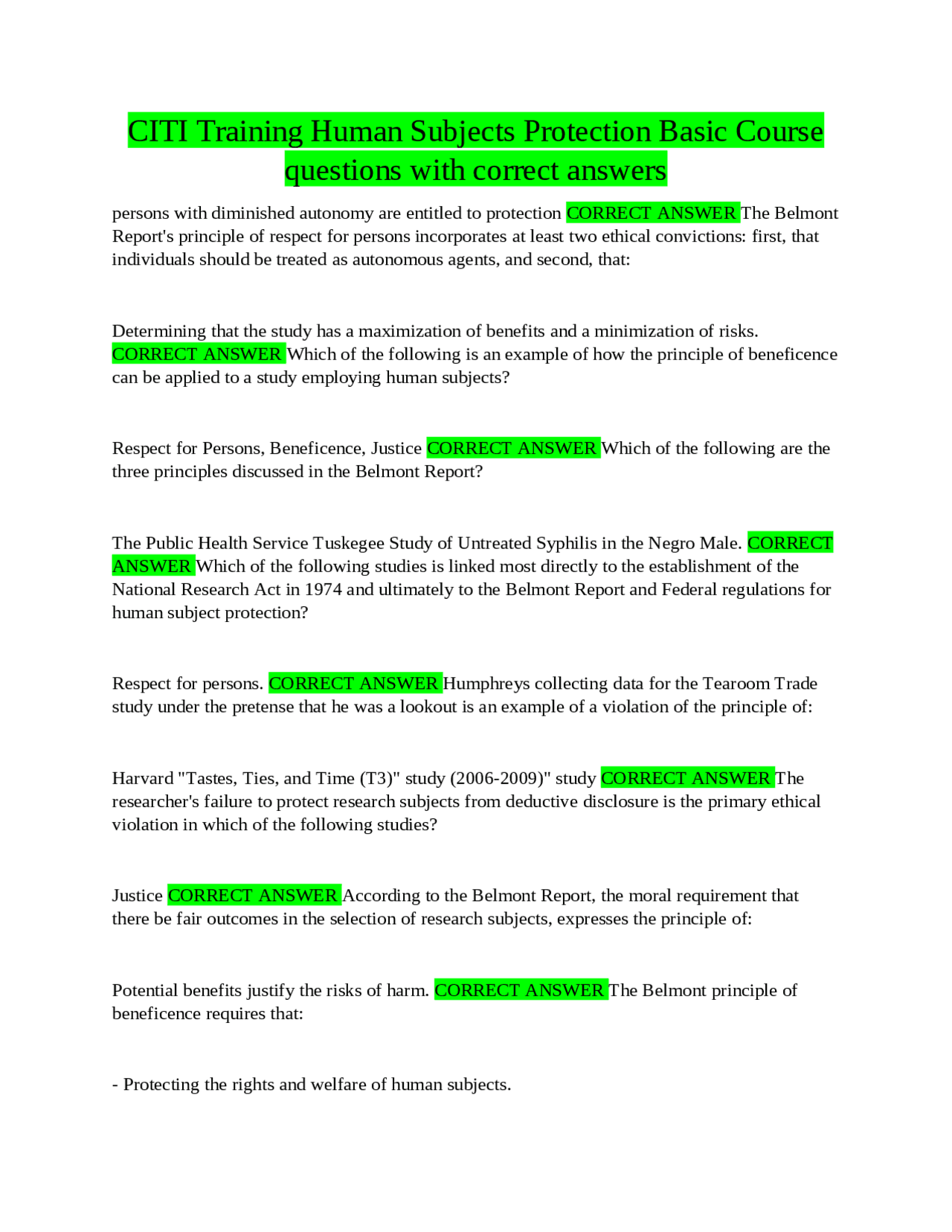 CITI Training Human Subjects Protection Basic Course questions with ...