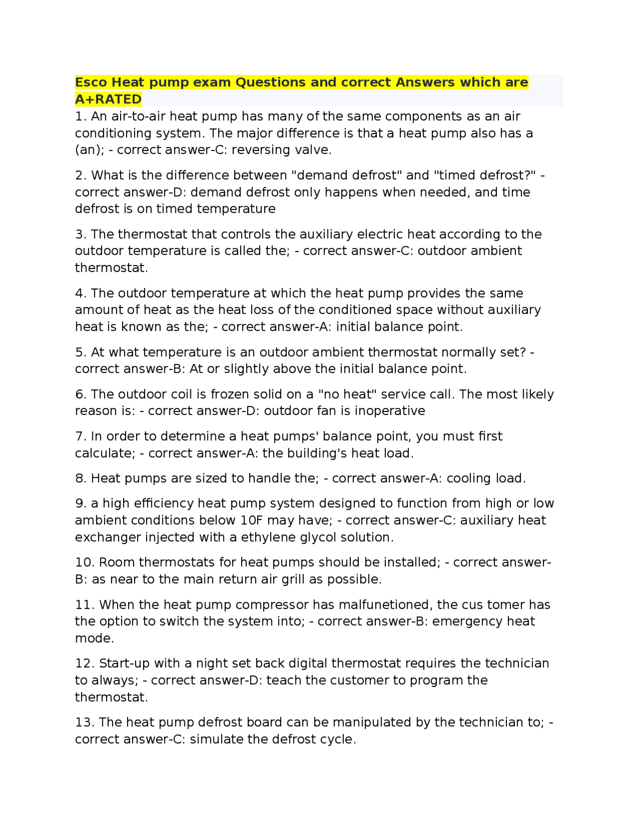 Esco Heat Pump Exam Questions and Answers | Exams Heat and Mass ...