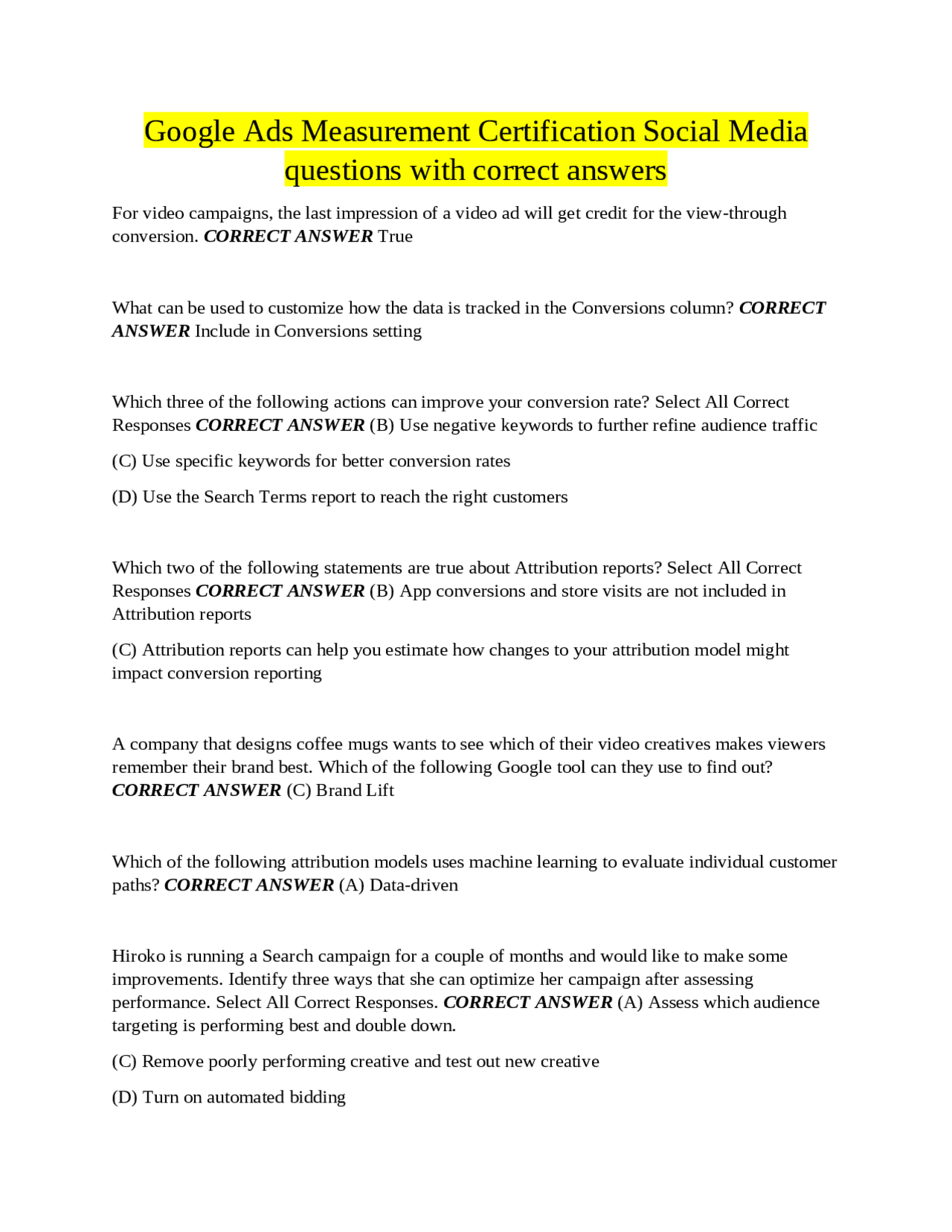 Google Ads Measurement Certification: Social Media Questions and Answers | Exams Computer ...