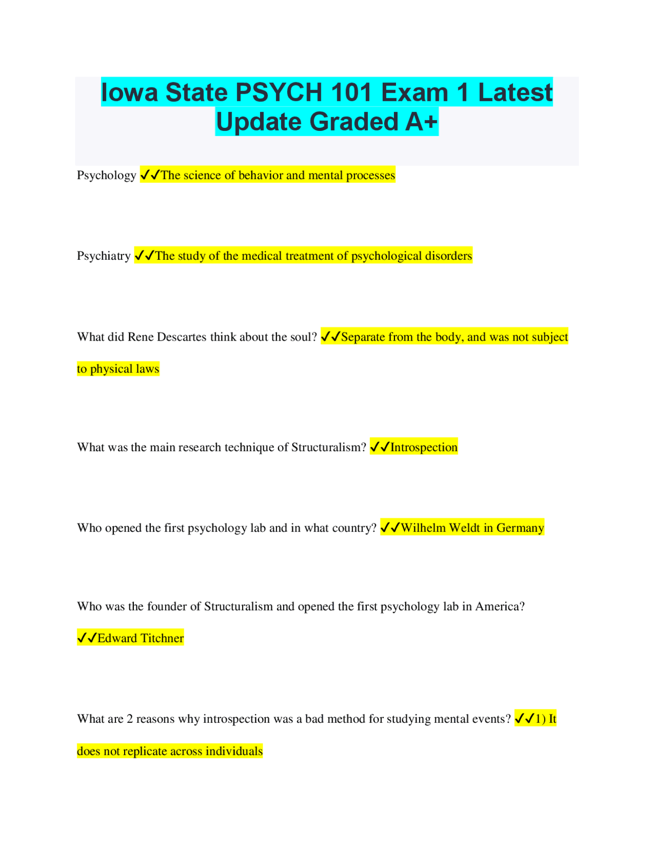 Iowa State PSYCH 101 Exam 1 Latest Update Graded A+ | Exams Psychology ...