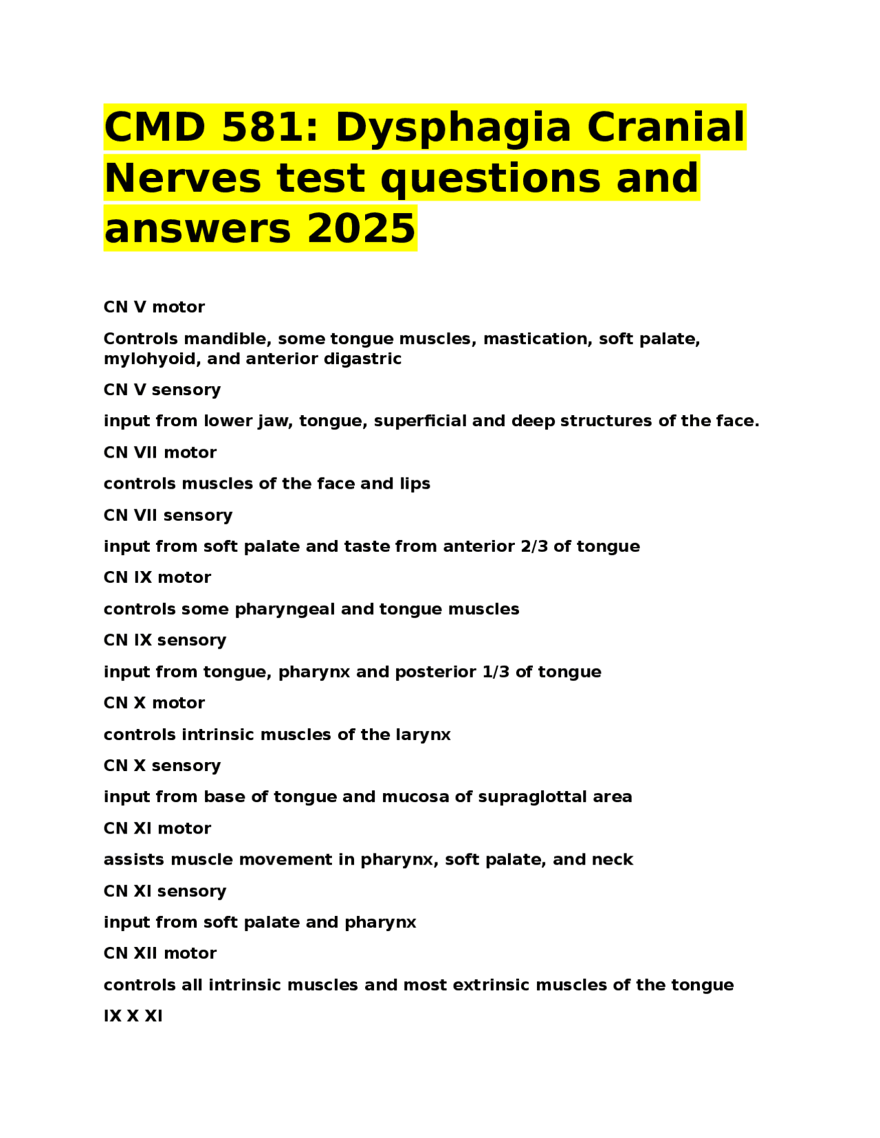 CMD 581: Dysphagia Cranial Nerves Test Questions and Answers 2025 ...