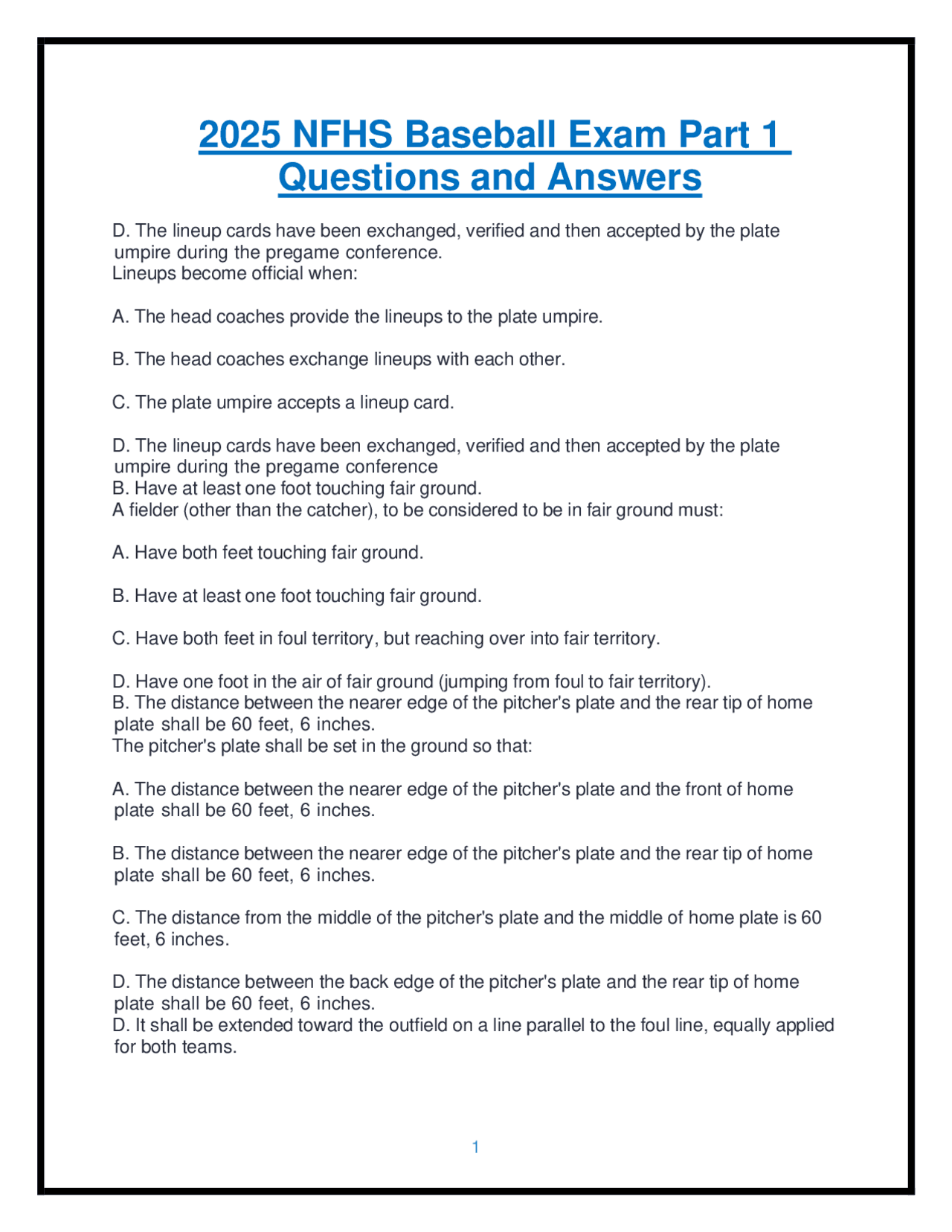 2025 NFHS Baseball Exam Part 1 Questions and Answers | Exams Physical ...