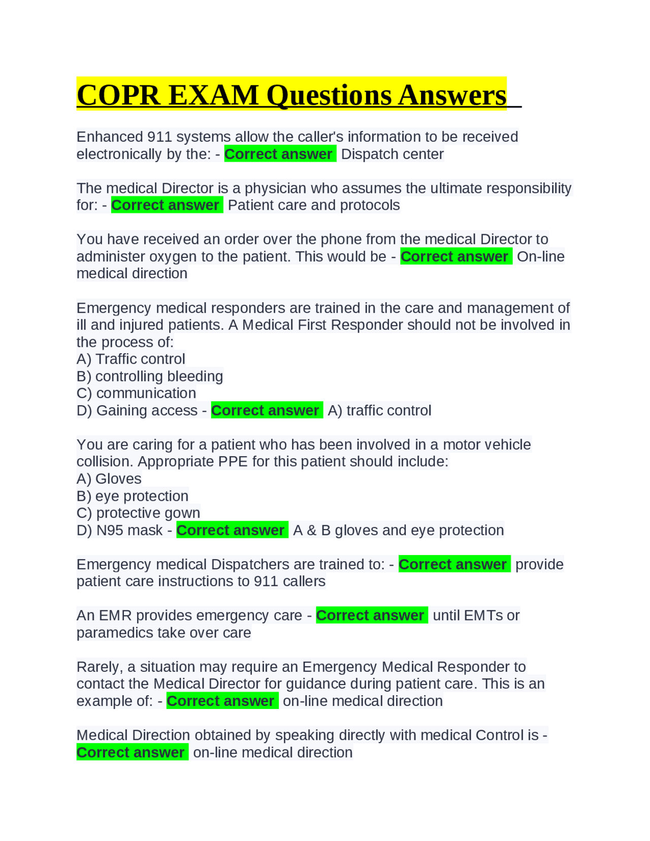 Emergency Medical Responder (EMR) Exam Questions and Answers | Exams ...