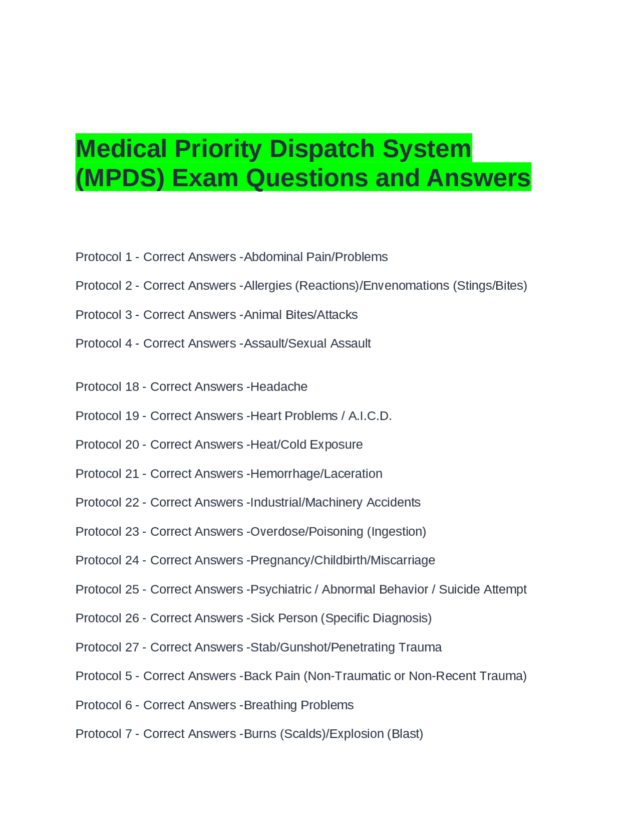 Medical Priority Dispatch System (MPDS) Exam Questions and Answers ...