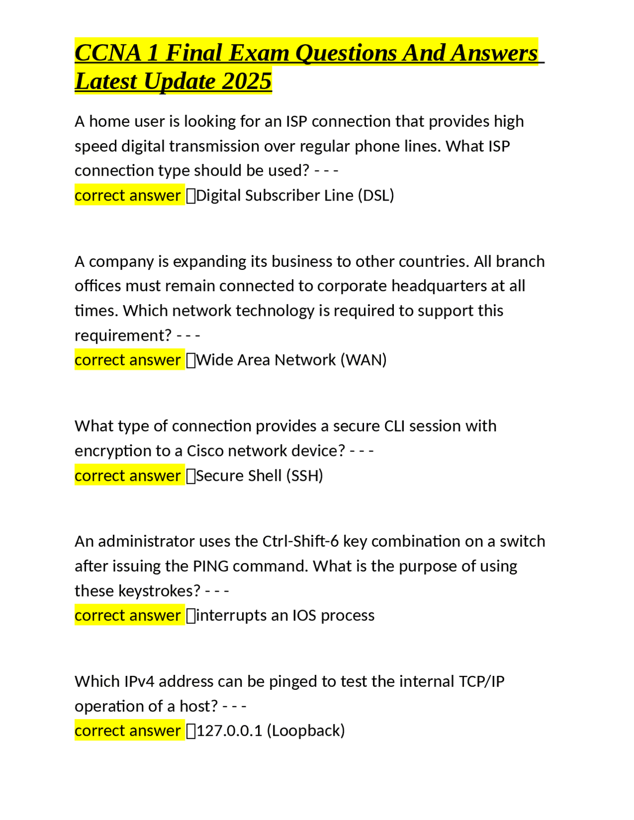 Ccna 1 Final Exam Questions And Answers Latest Update 2025 Exams Computer Science Docsity