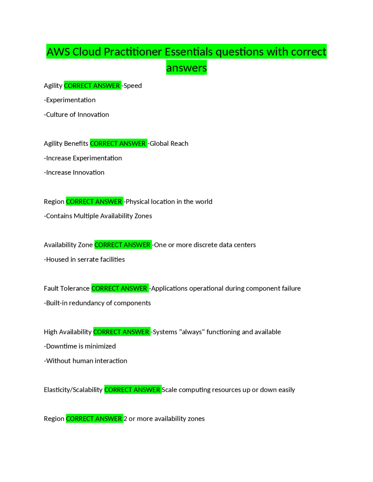 AWS Cloud Practitioner Essentials: Questions and Answers | Exams Computer Science | Docsity