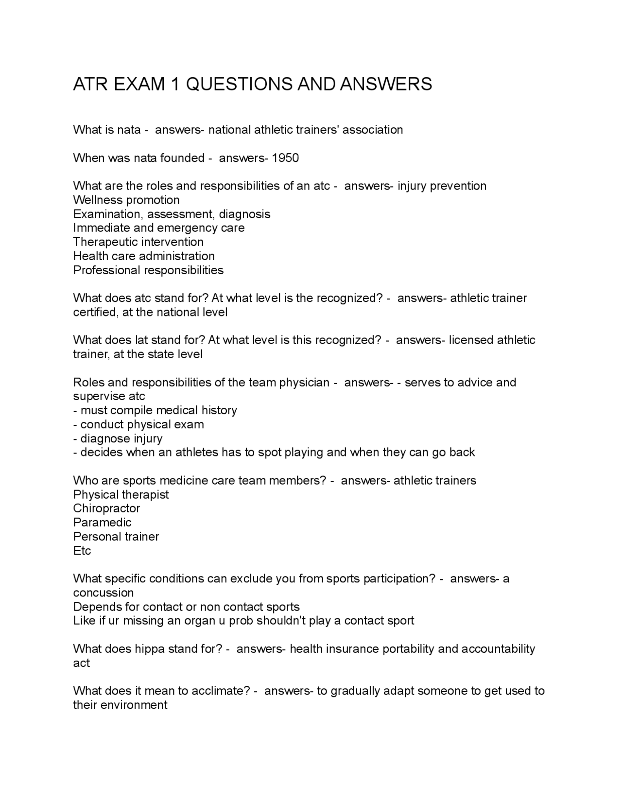 ATR Exam 1 Questions and Answers: A Comprehensive Guide for Athletic ...