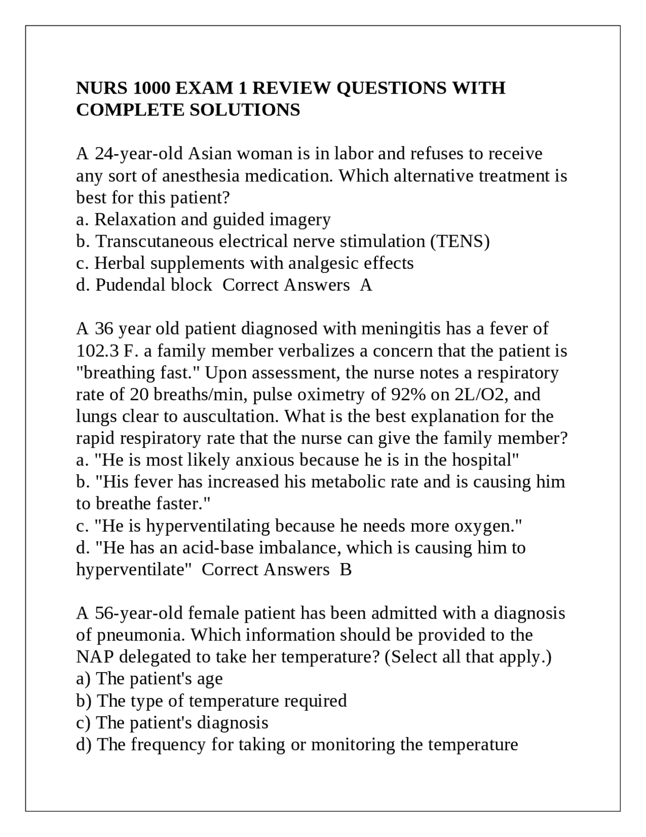 NURS 1000 EXAM 1 REVIEW QUESTIONS WITH COMPLETE SOLUTIONS | Exams ...