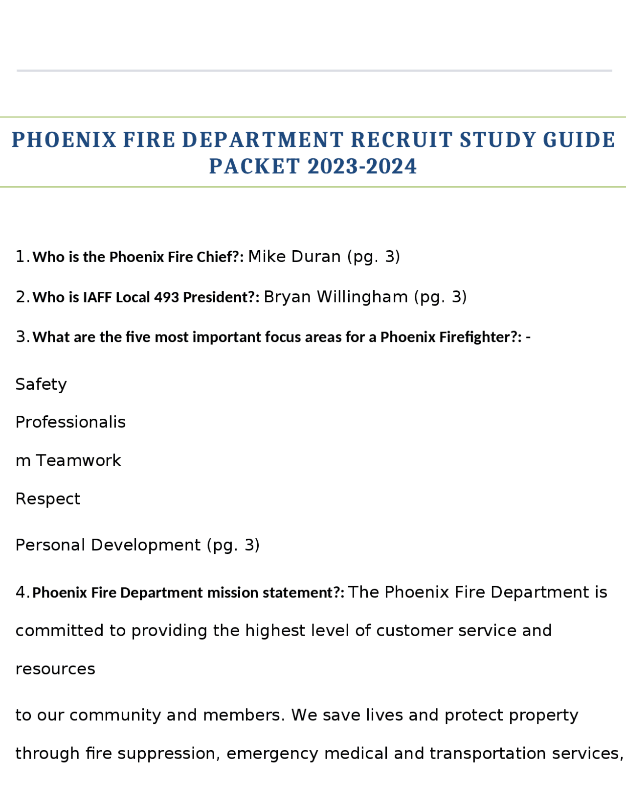 PHOENIX FIRE DEPARTMENT RECRUIT STUDY GUIDE PACKET 2023-2024 | Study ...