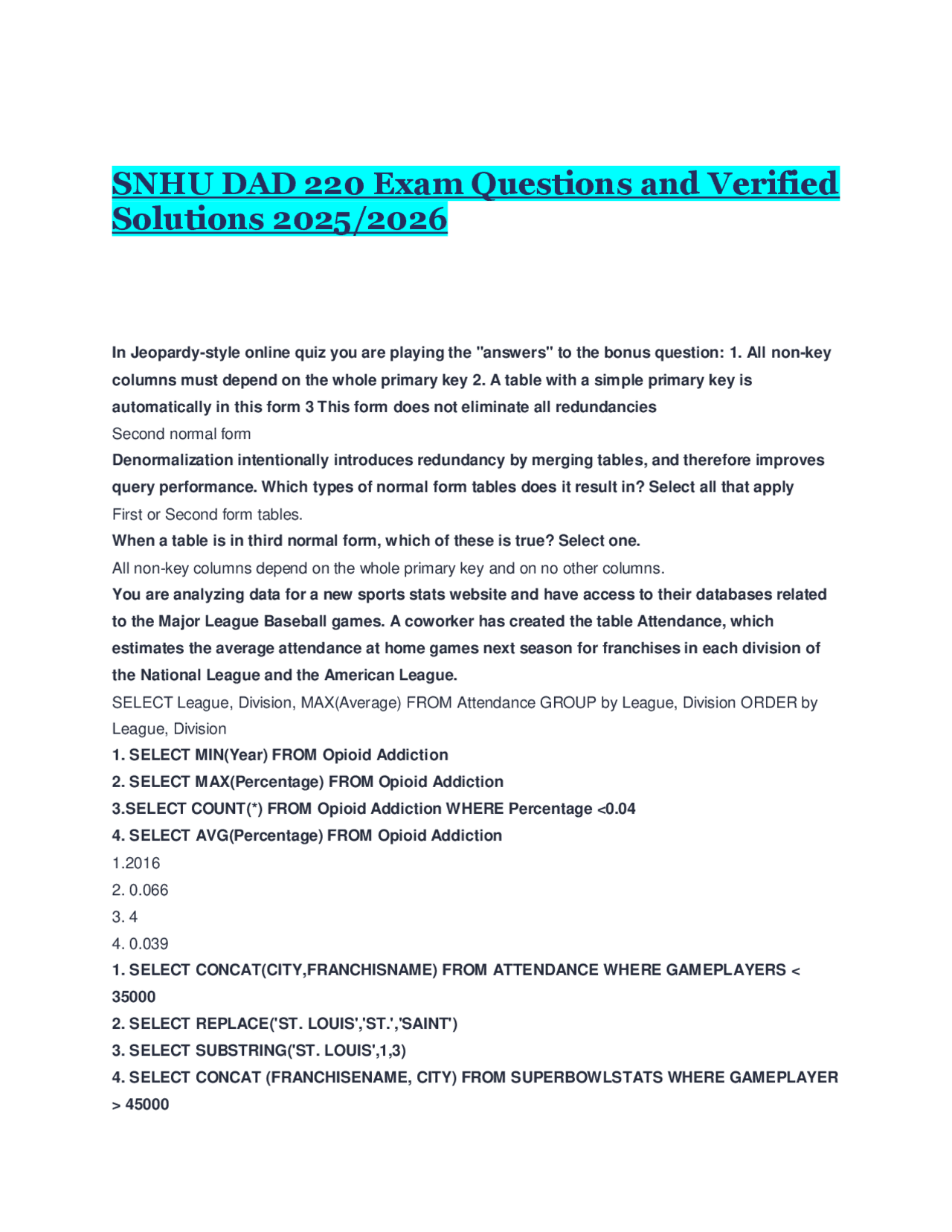 DAD 220 Exam: Database Normalization, SQL, and Data Manipulation | Exams Database Management ...