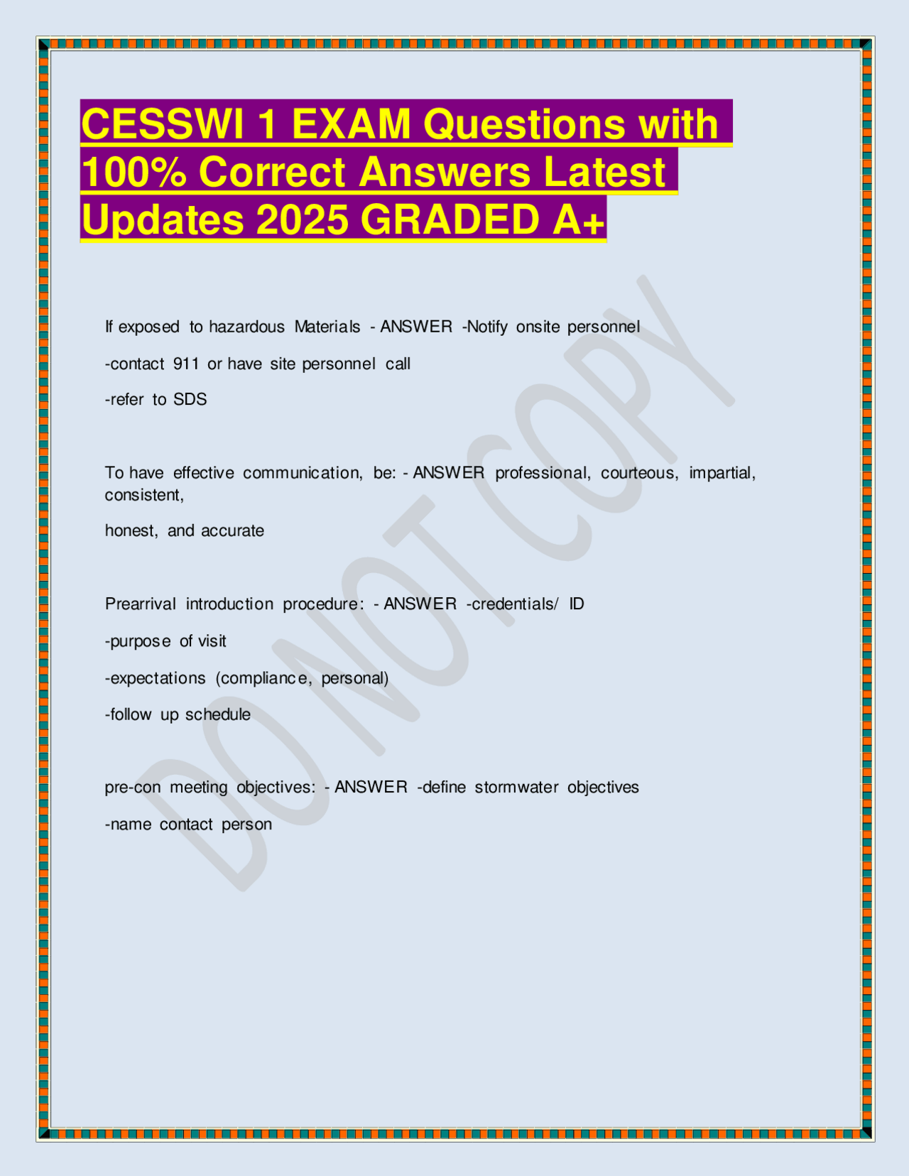 CESSWI 1 EXAM Questions with 100% Correct Answers Latest Updates 2025 ...