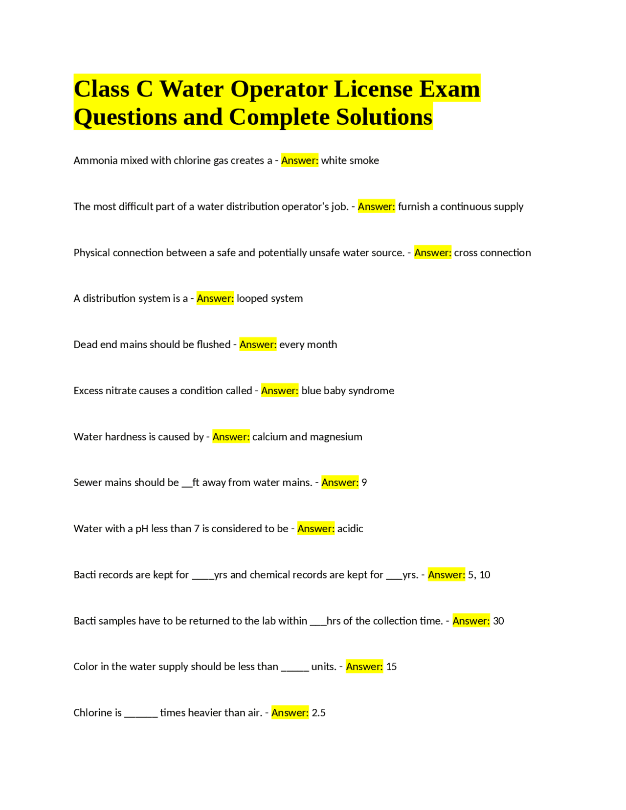 Class C Water Operator License Exam Questions and Complete Solutions ...