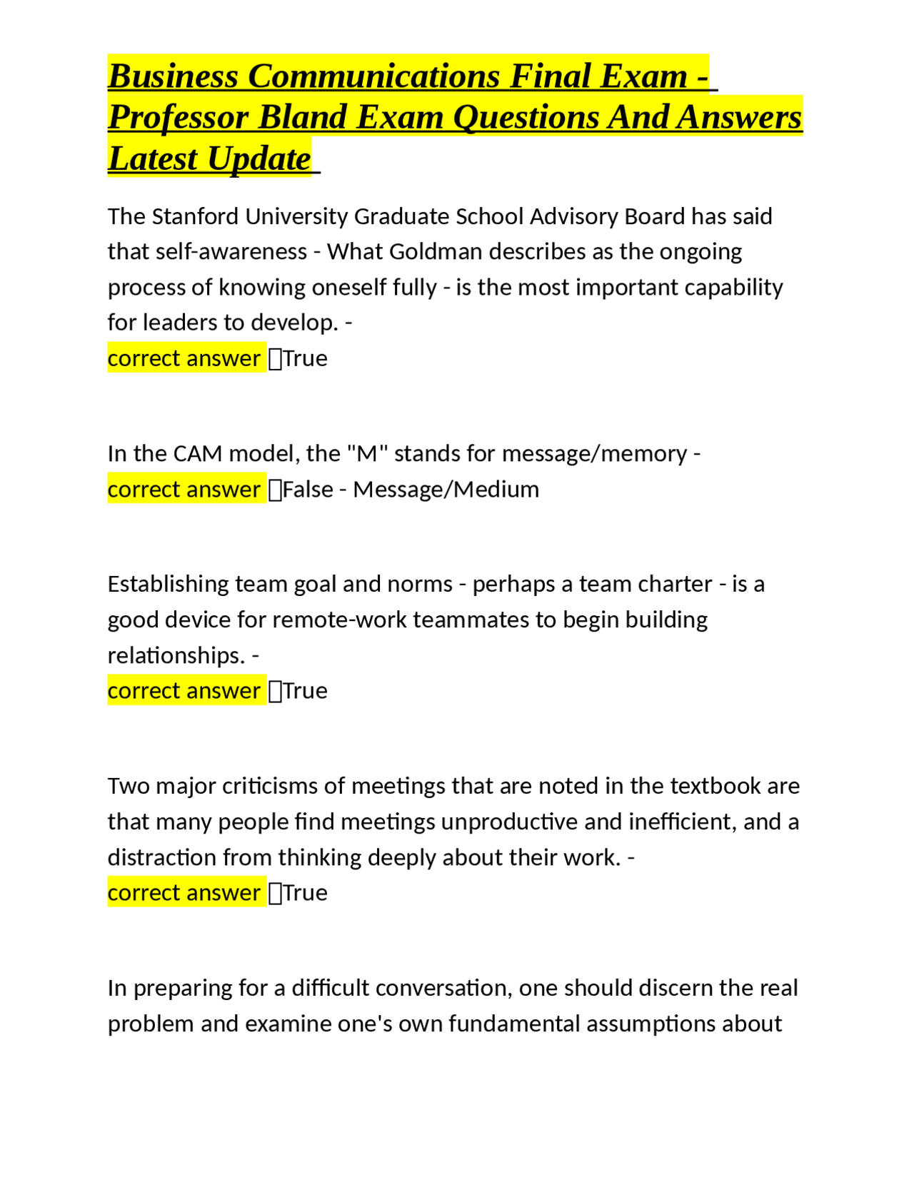 Business Communications Final Exam Questions and Answers | Exams Business and Society | Docsity