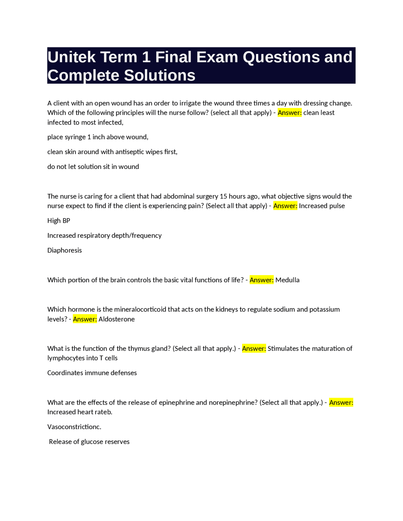 Unitek Term 1 Final Exam Questions and Complete Solutions | Exams ...