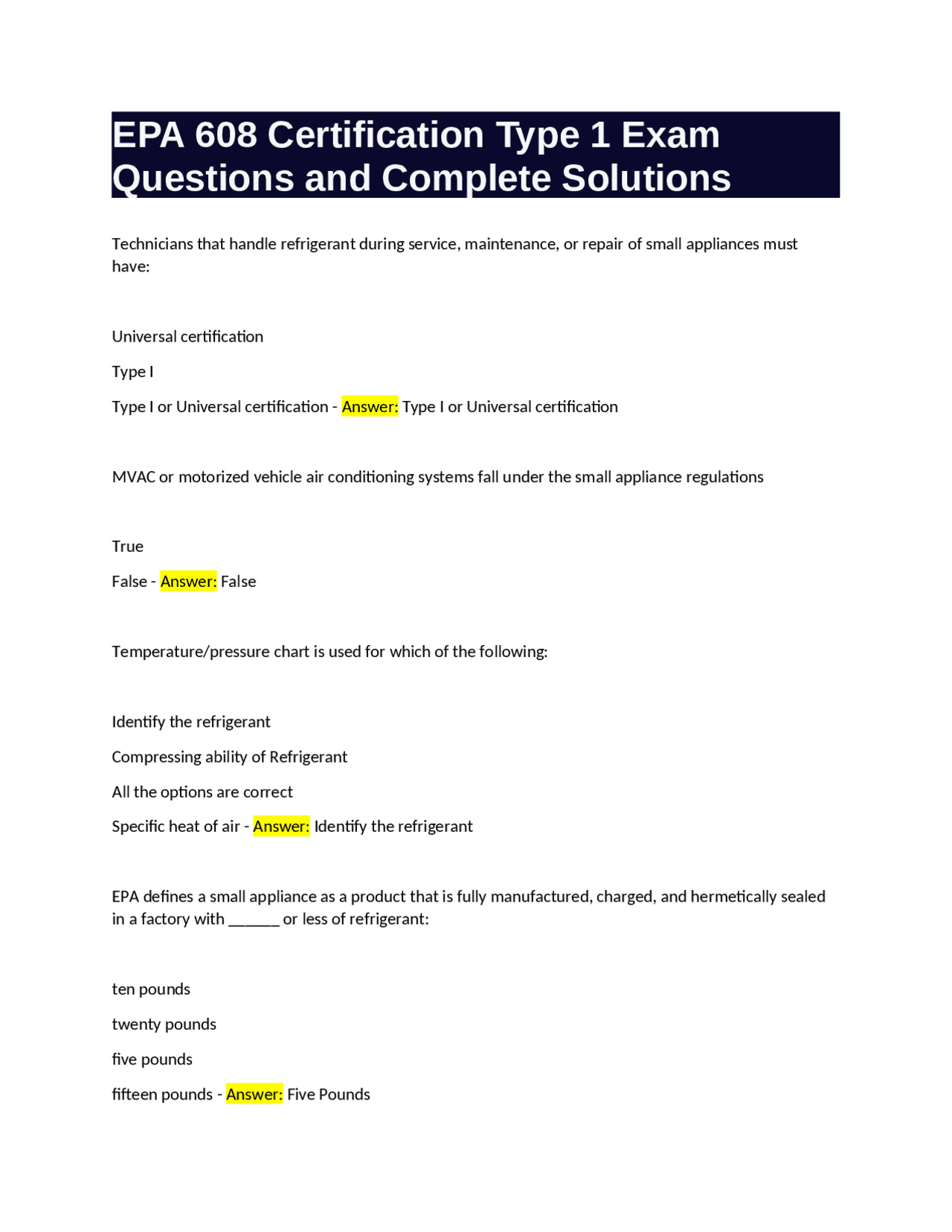 EPA 608 Certification Type 1 Exam: Questions and Complete Solutions ...