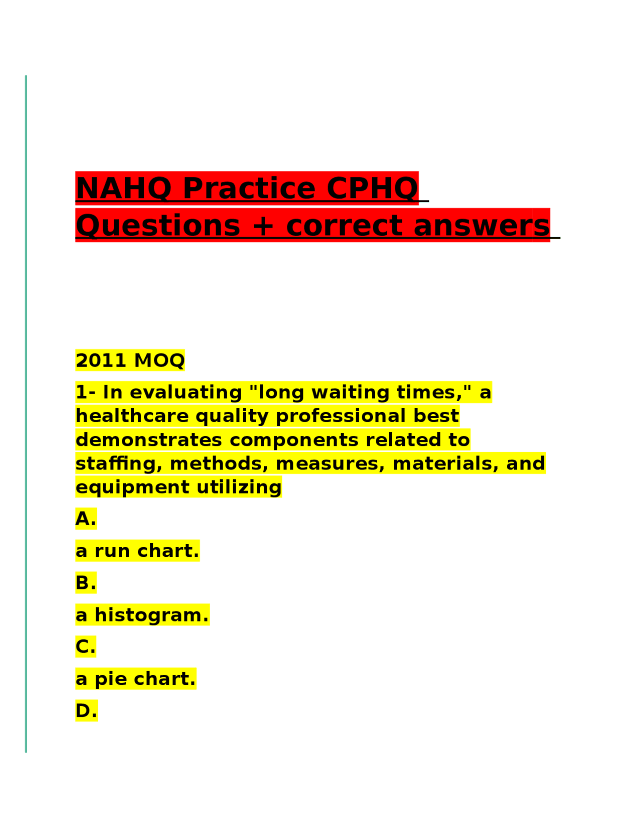 NAHQ Practice CPHQ Questions and Answers | Exams Nursing | Docsity