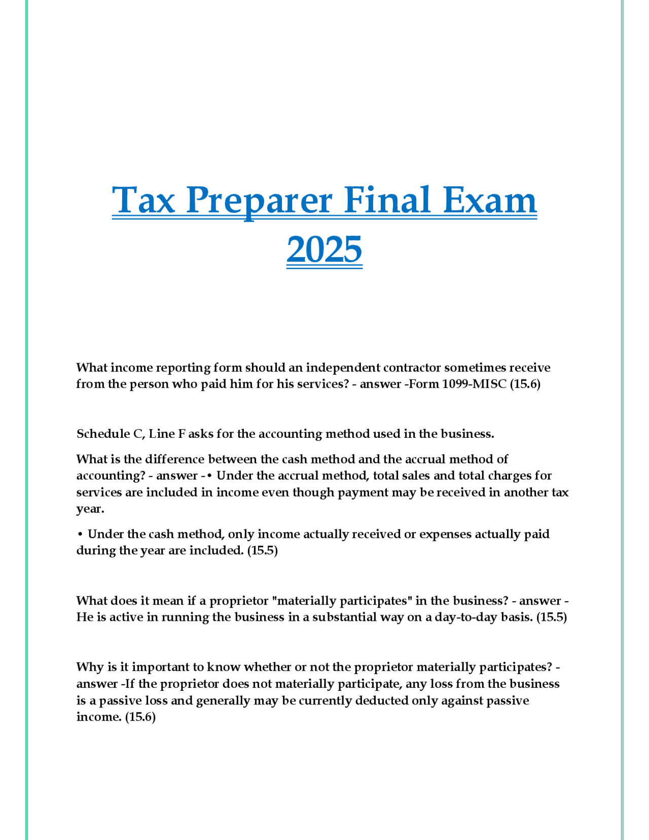 Tax Preparer Final Exam: Comprehensive Review of Key Concepts and ...