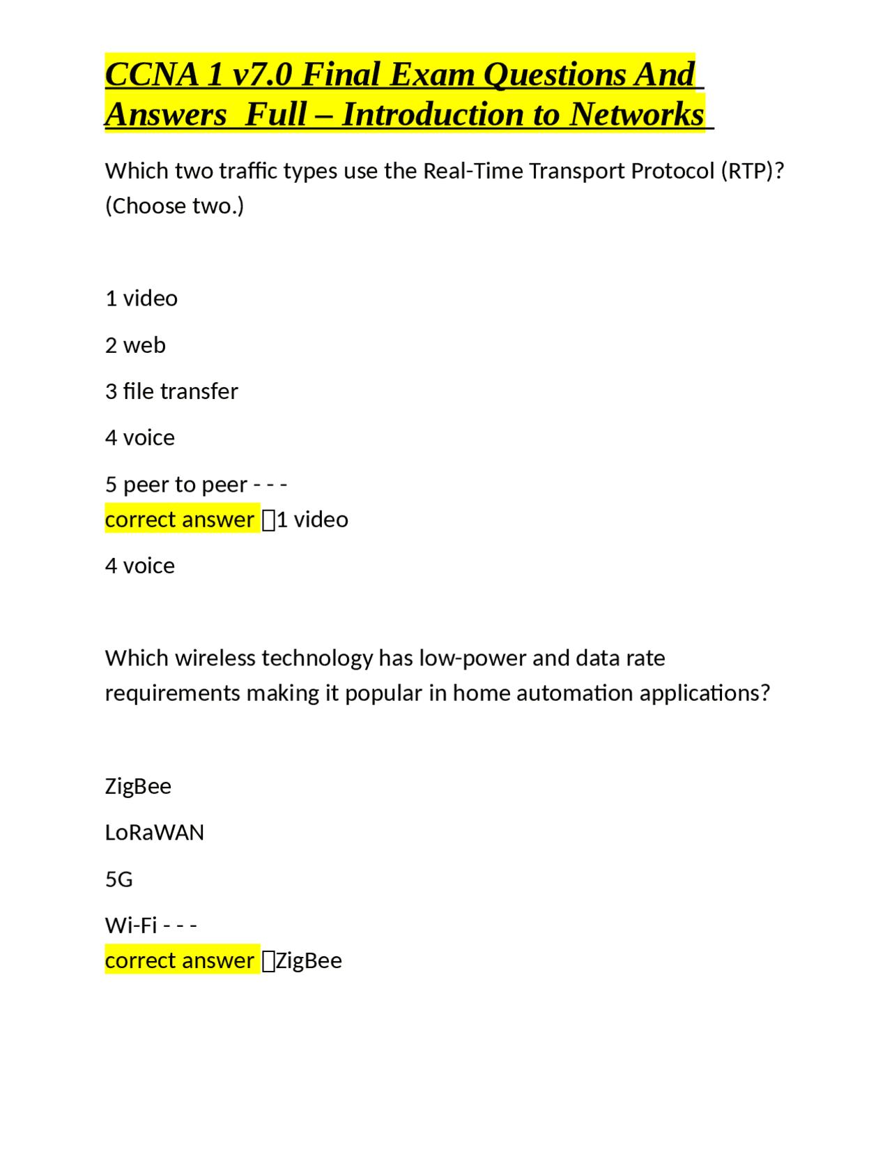 Ccna 1 V7 0 Final Exam Questions And Answers Introduction To Networks Exams Computer Science